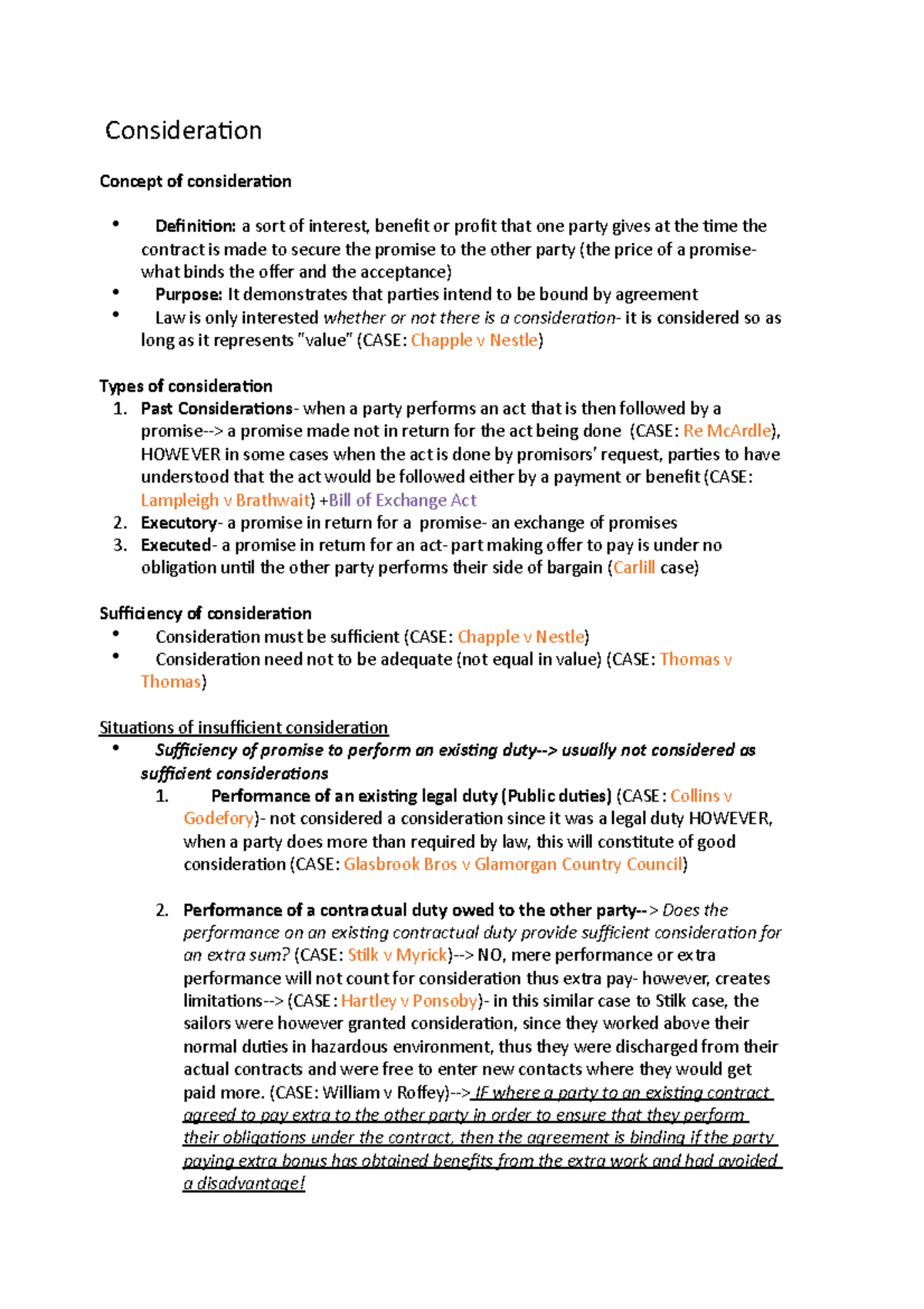 Consideration Notes - Consideration Concept of consideration Definition ...
