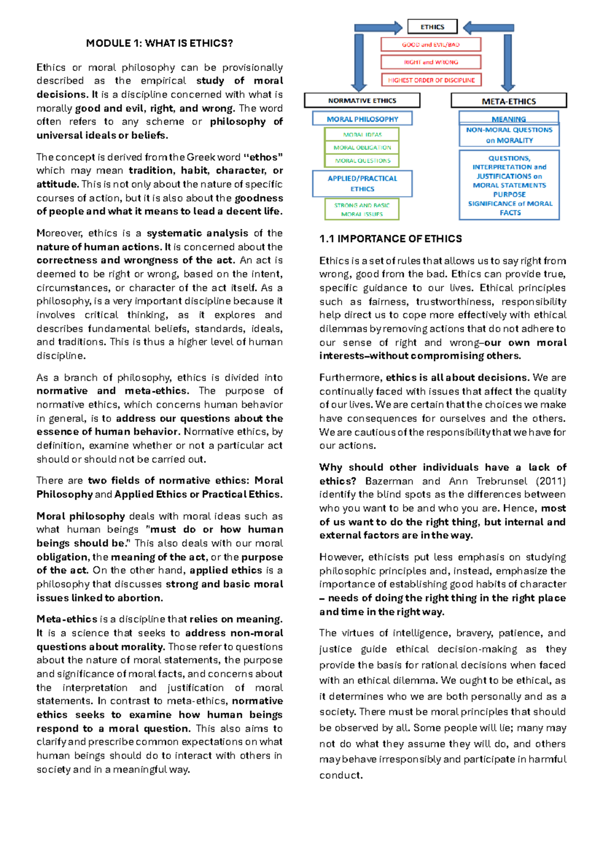 Ethics Module 1 - 2 - MODULE 1: WHAT IS ETHICS? Ethics or moral ...