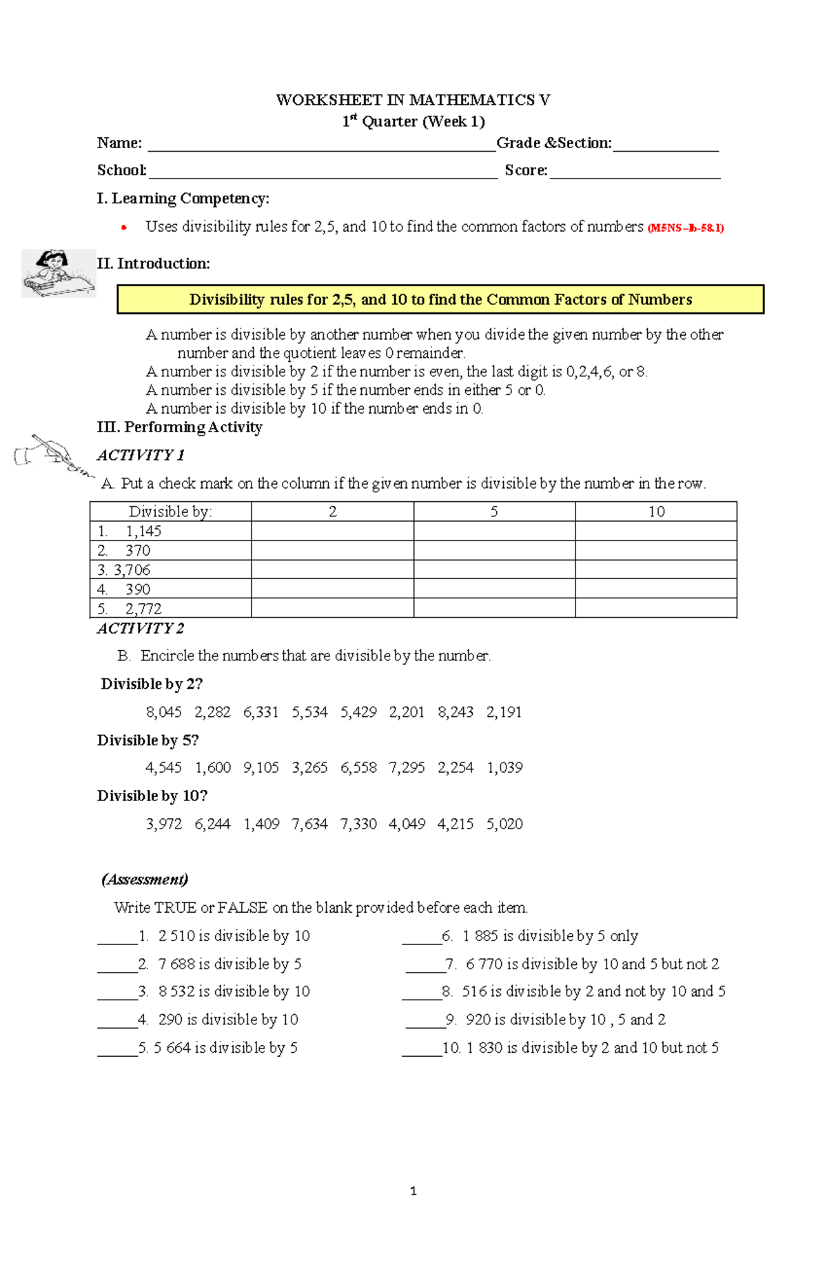 Math 5 - week 1 to 2 - WORKSHEET IN MATHEMATICS V 1 st Quarter (Week 1 ...