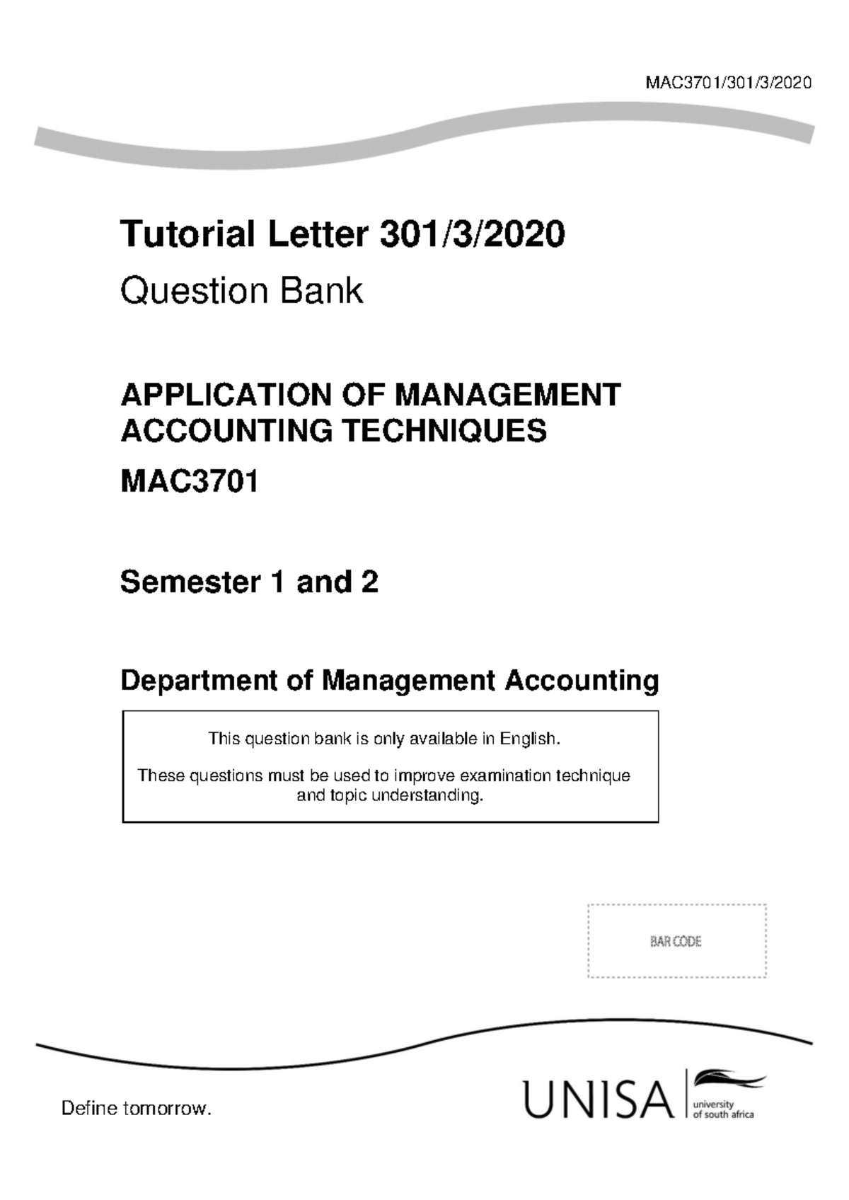 Tutorial Letter 30132020 Question BANK - Define tomorrow. Tutorial ...