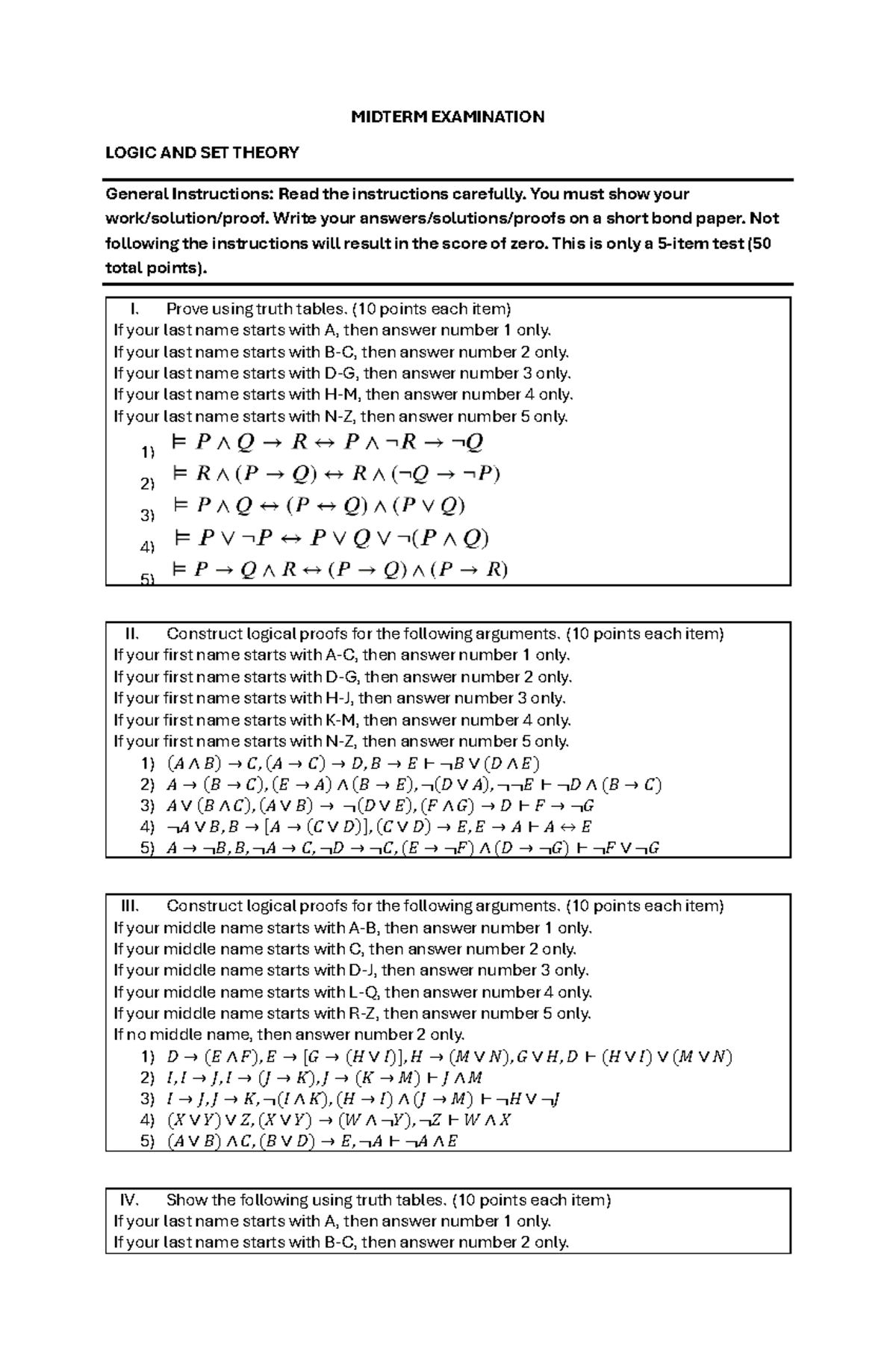 Logic AND SET Theory Midterm Examination - MIDTERM EXAMINATION LOGIC AND SET THEORY General ...