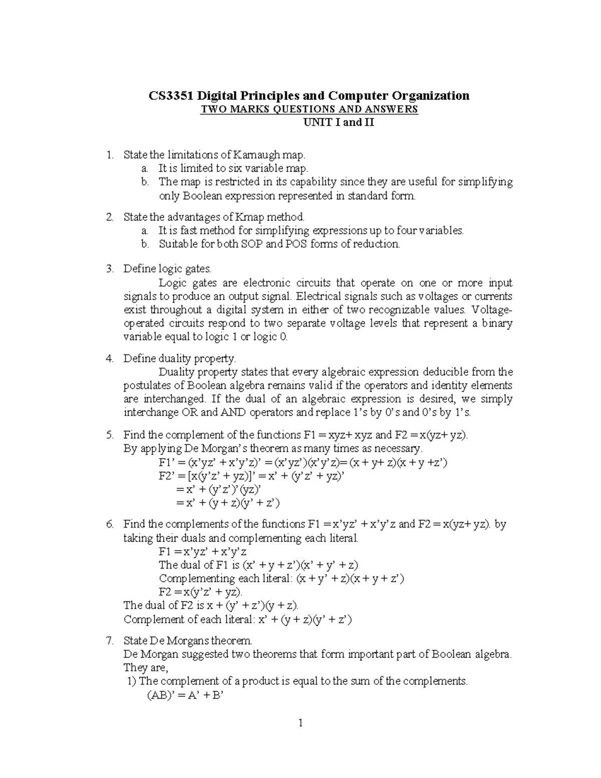 UNIT I and II - 2 marks - Suma - CS3351 Digital Principles and Computer Organization TWO MARKS ...
