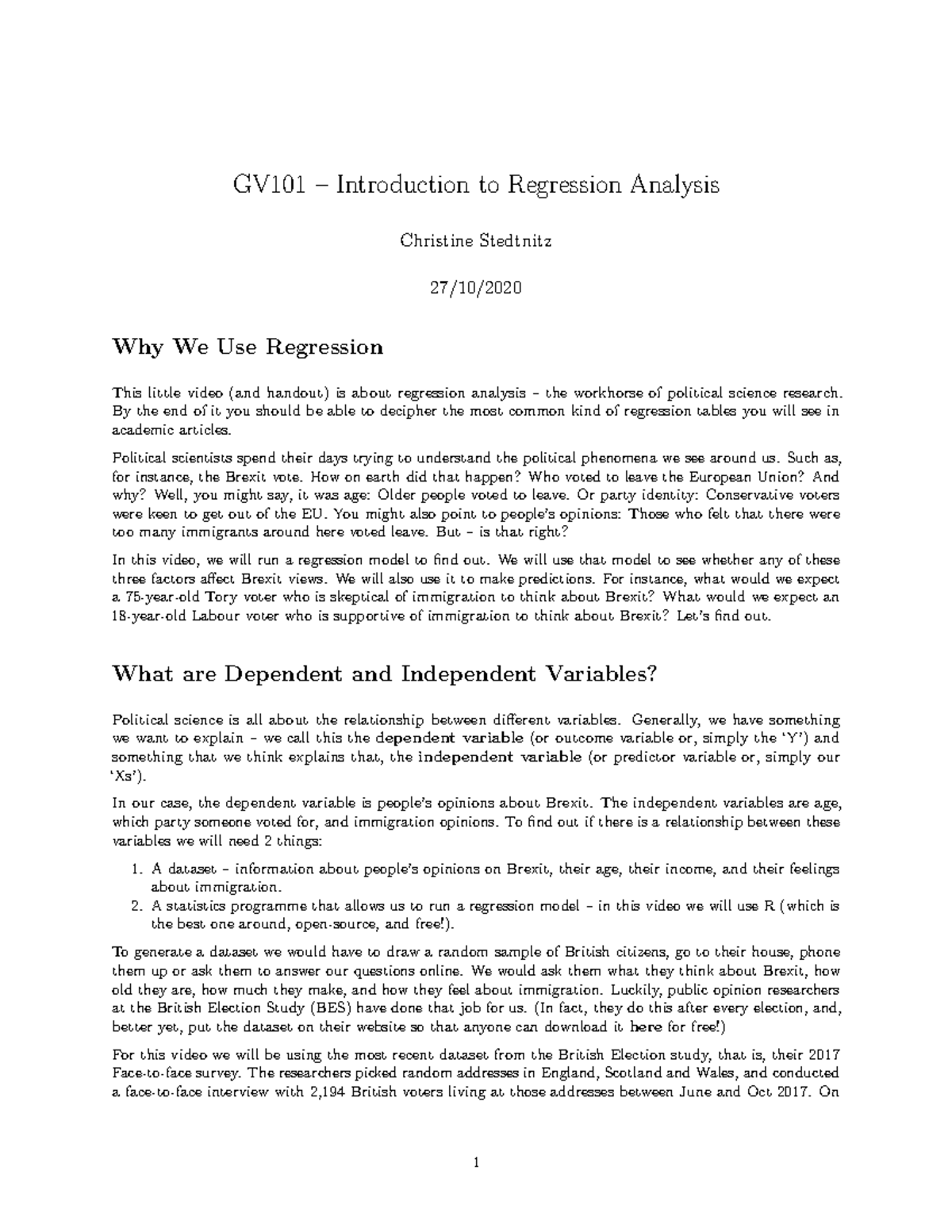 GV101 Regression Handout - GV101 – Introduction to Regression Analysis ...