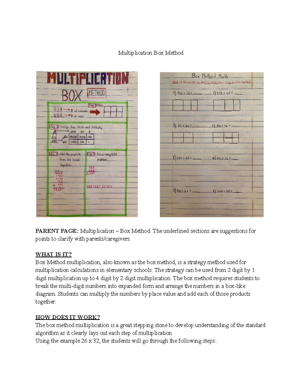 Math 130-Leadership Assignment - Multiplication Box Method PARENT PAGE ...