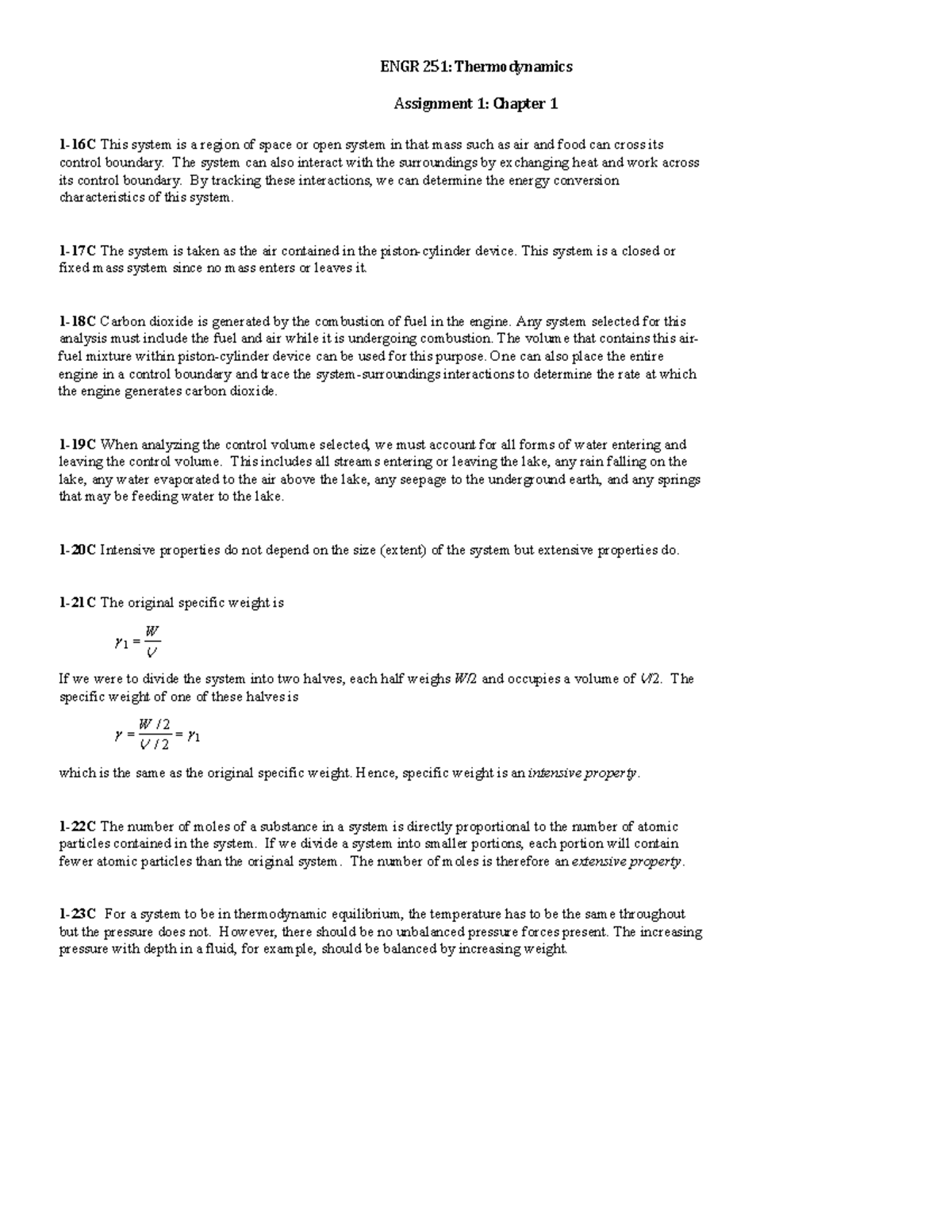 Assignment 1 Solutions - ENGR 251: Thermodynamics Assignment 1: Chapter ...