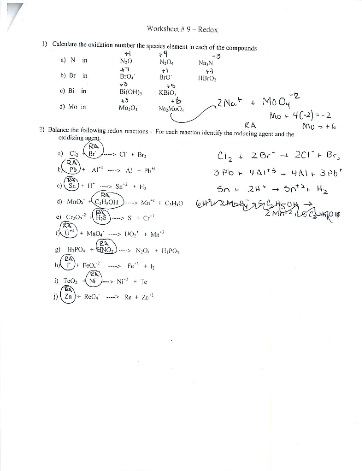 Worksheet 9 : Oxidation Reduction, solutions pdf - CHEM 001A - Studocu