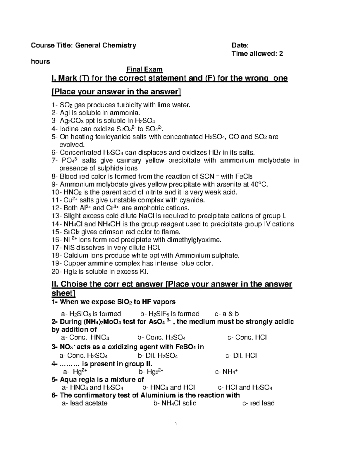 Model exam 1 - Course Title: General Chemistry Date: Time allowed: 2 ...