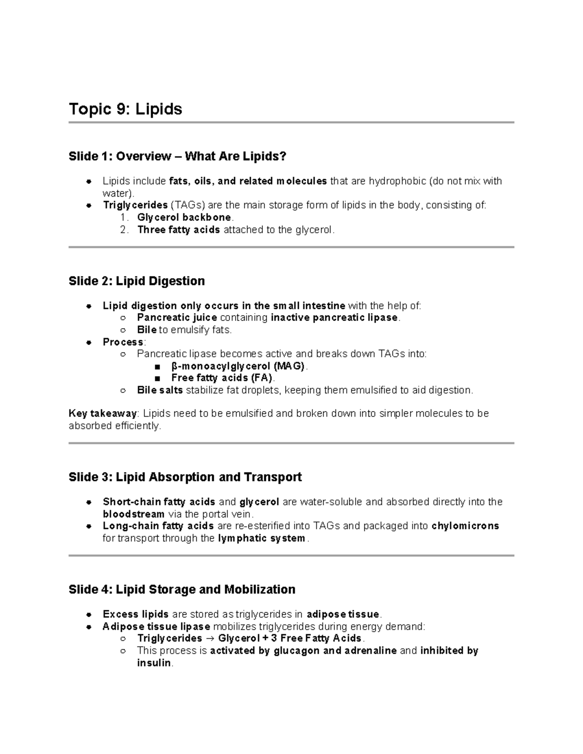 Biochem WK 9 Notes - Topic 9: Lipids Slide 1: Overview – What Are ...
