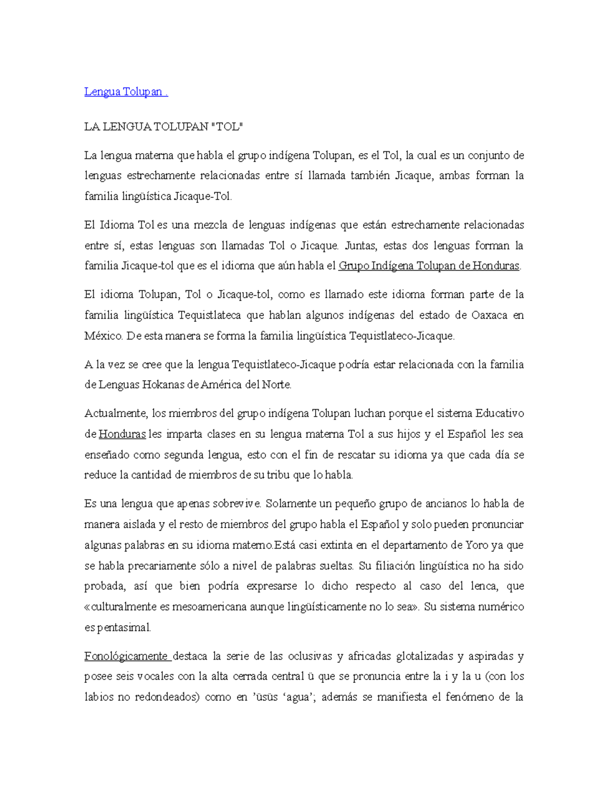 Lengua Tolupan - errg madhfiuaf klahglkef - Lengua Tolupan. LA LENGUA ...