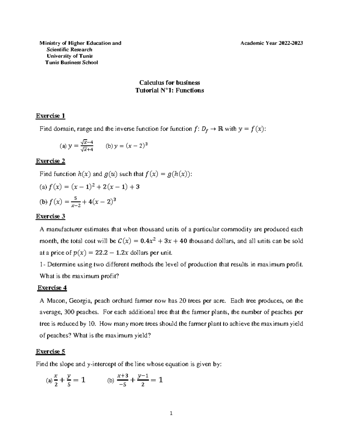 Tutorial 1 calculus for business (2022-2023) - 1 Ministry of Higher ...