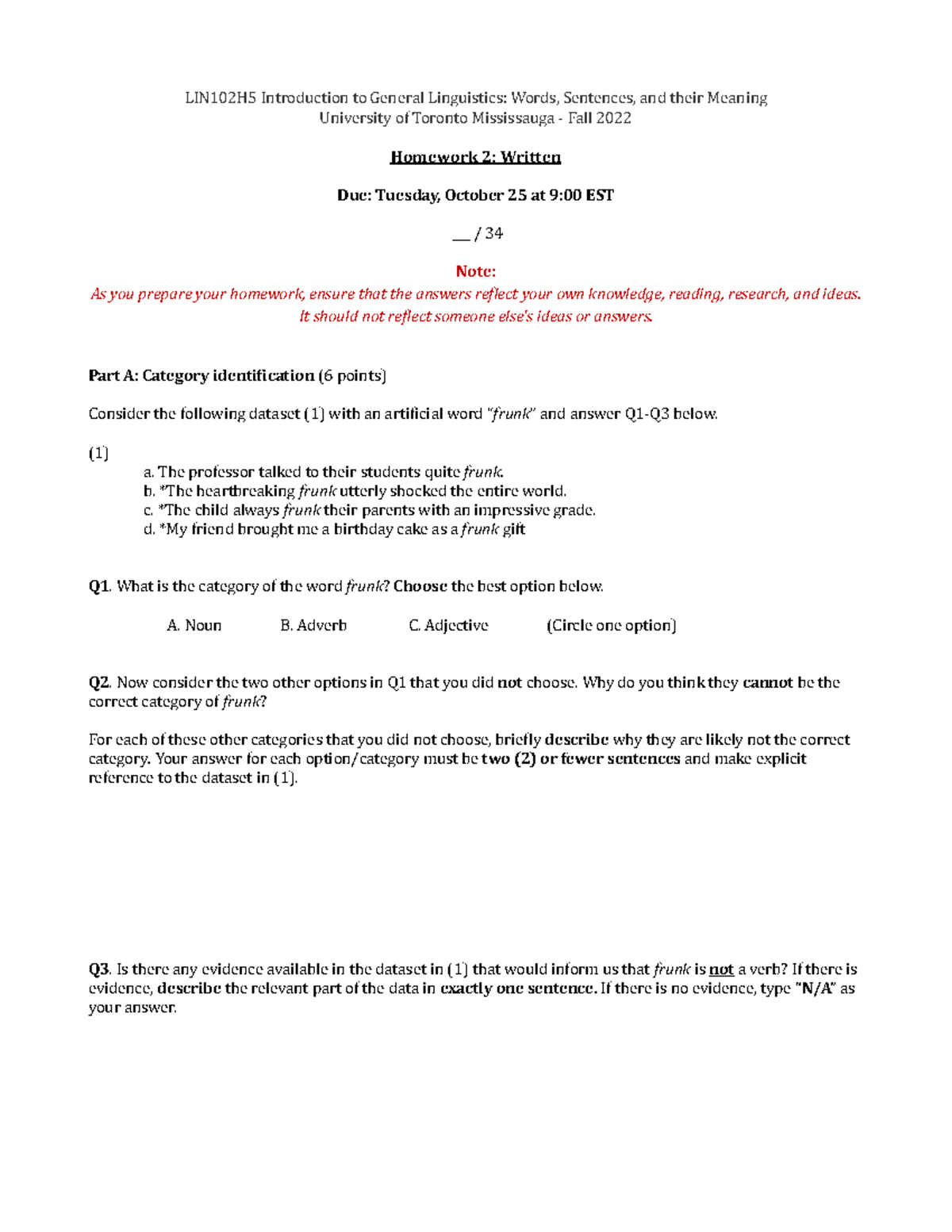 LIN102-HW2-2022 - introduction to linguistics - LIN102H5 Introduction to General Linguistics ...