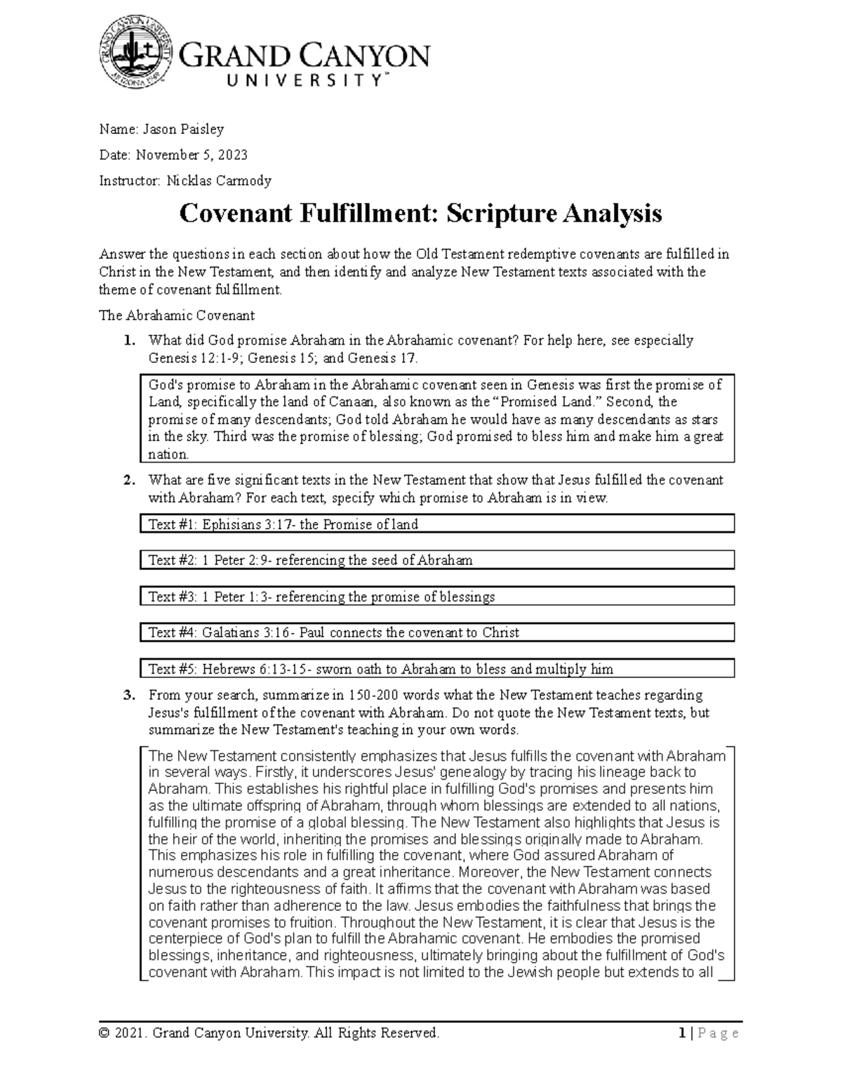 BIB 107 RS T1Covenant Fulfillment Scripture Analysis - Name: Jason ...