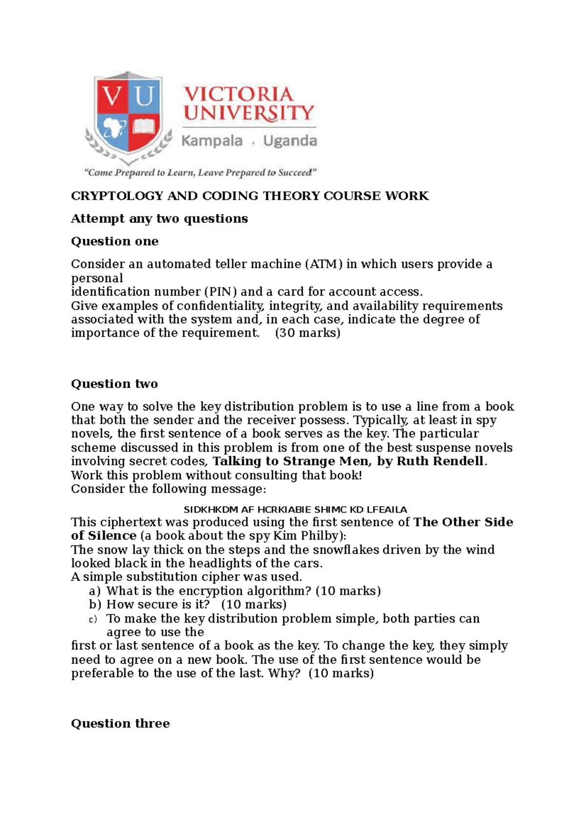 Cryptology course work - CRYPTOLOGY AND CODING THEORY COURSE WORK ...