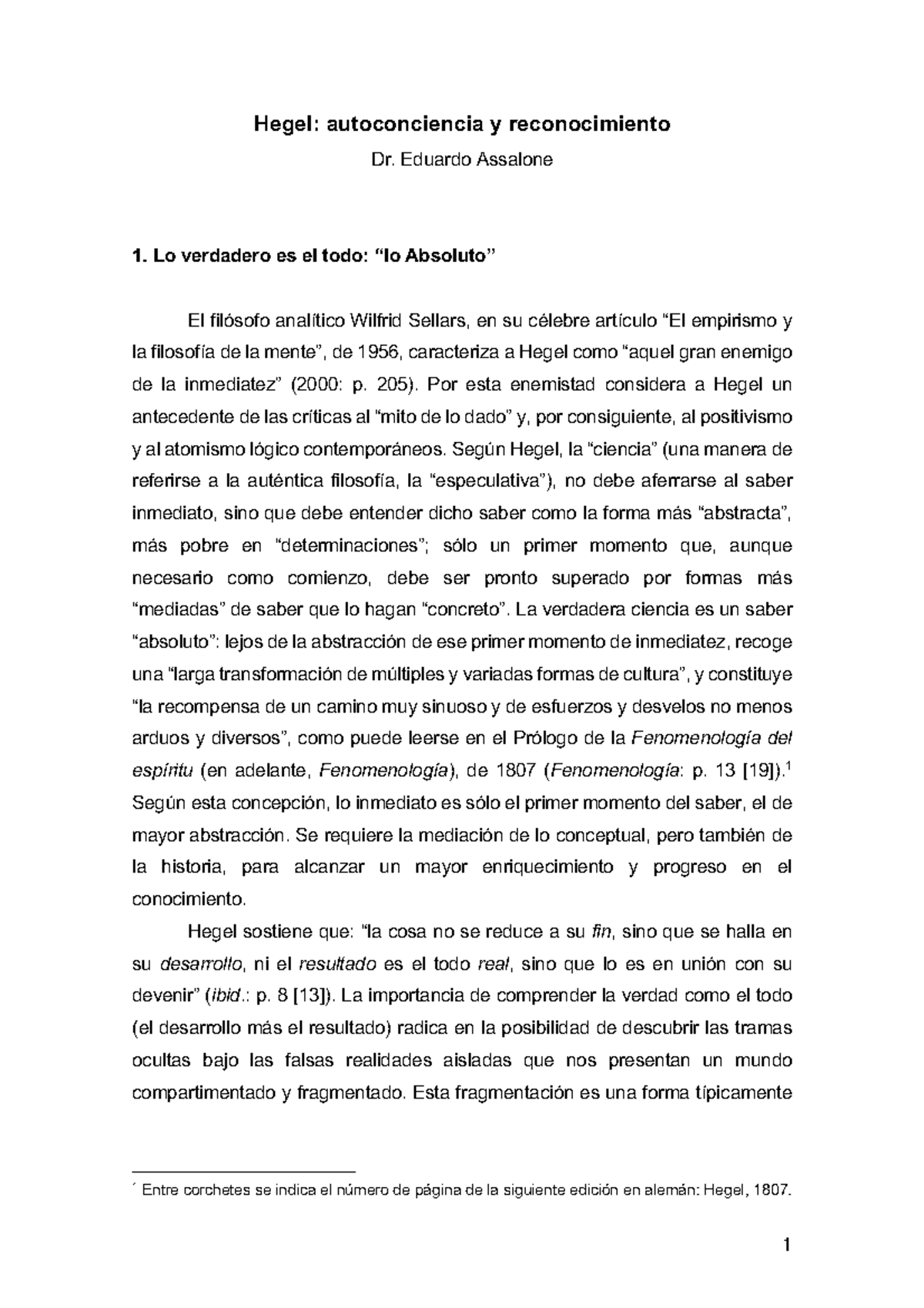 Assalone - Hegel. Autoconsciencia y reconocimiento - Hegel ...