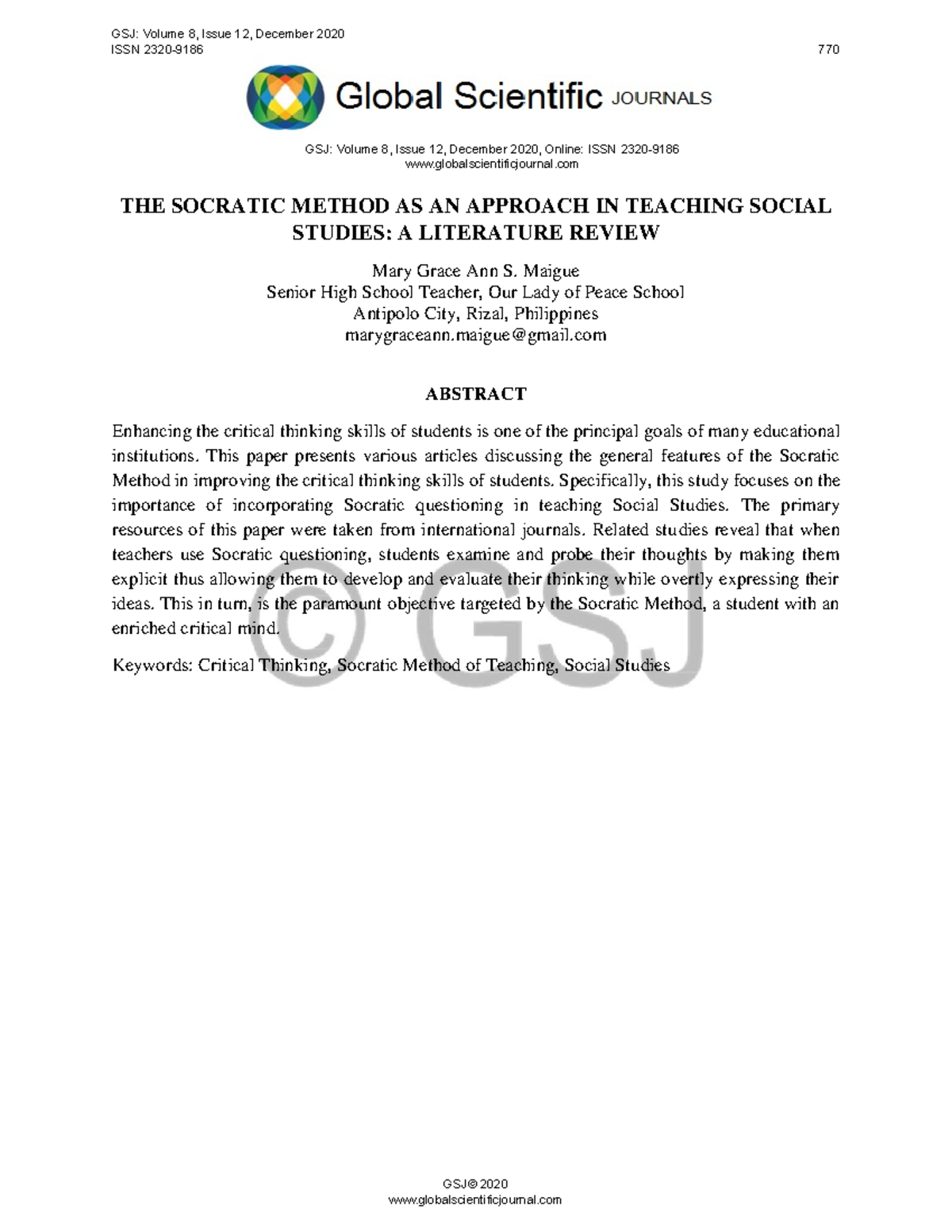 THE Socratic Method AS AN Approach IN Teaching Social Studies A ...