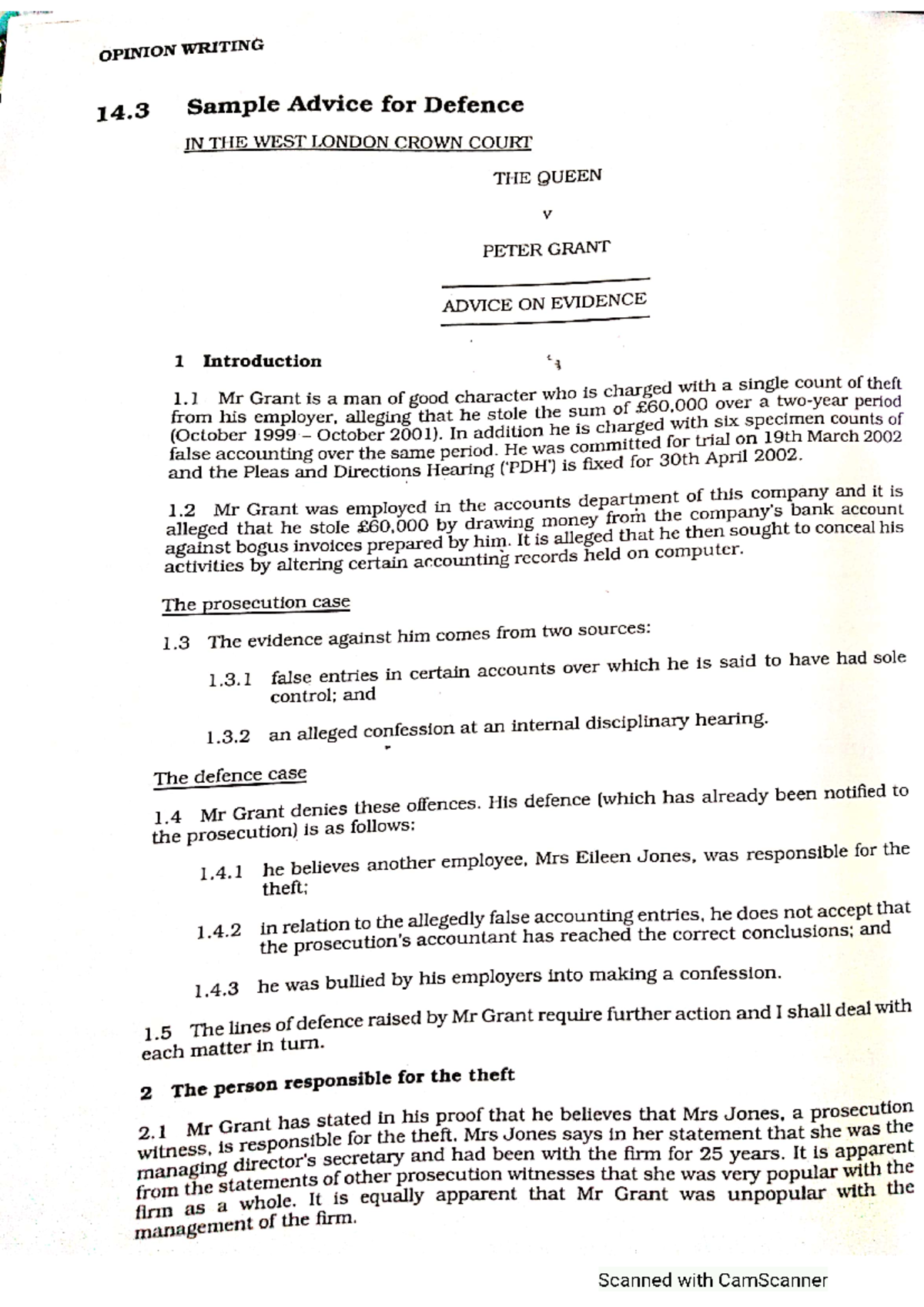 Criminal - Sample Advice FOR Defence - Law of Evidence I - Studocu