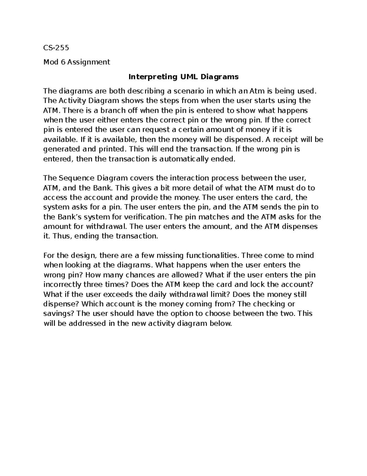 Cs 255 Mod 6 Interpreting Uml Diagrams Cs Mod 6 Assignment Interpreting Uml Diagrams The