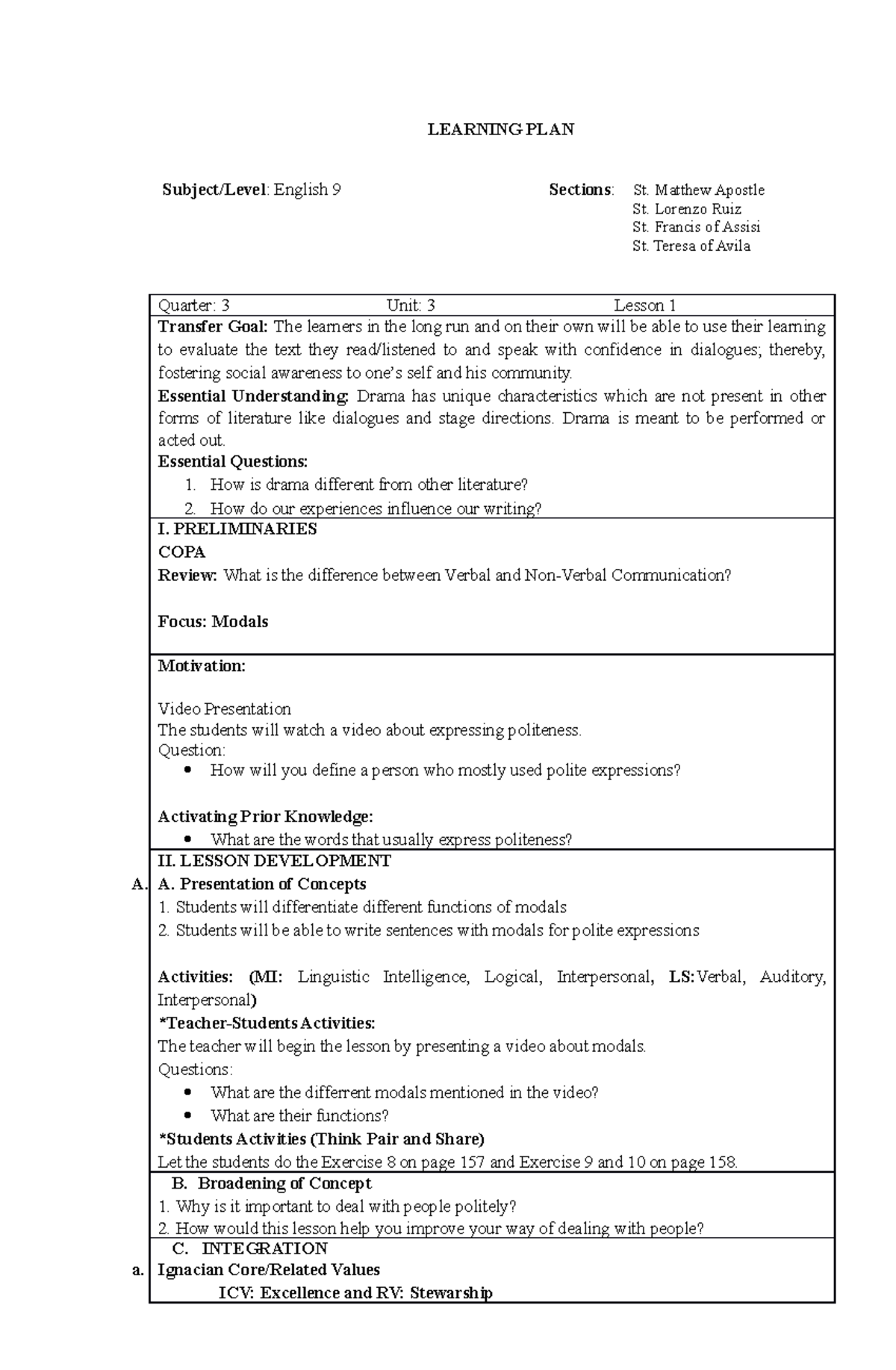 Lesson 1 - LEARNING PLAN Subject/Level: English 9 Sections: St. Matthew ...