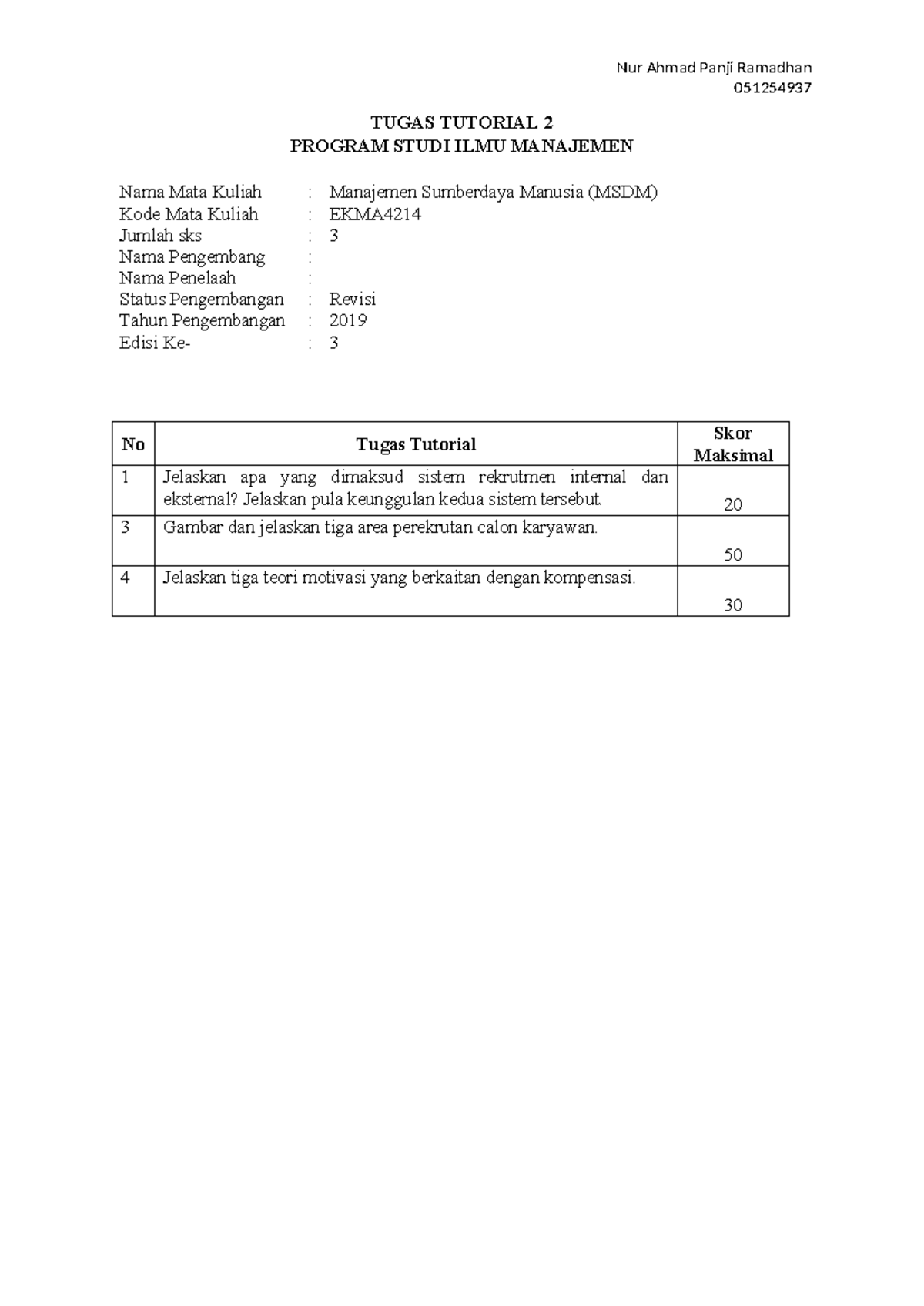 051254937 Nur Ahmad Panji Ramadhan Tugas 2 Manajemen SDM - 051254937 TUGAS TUTORIAL 2 PROGRAM ...