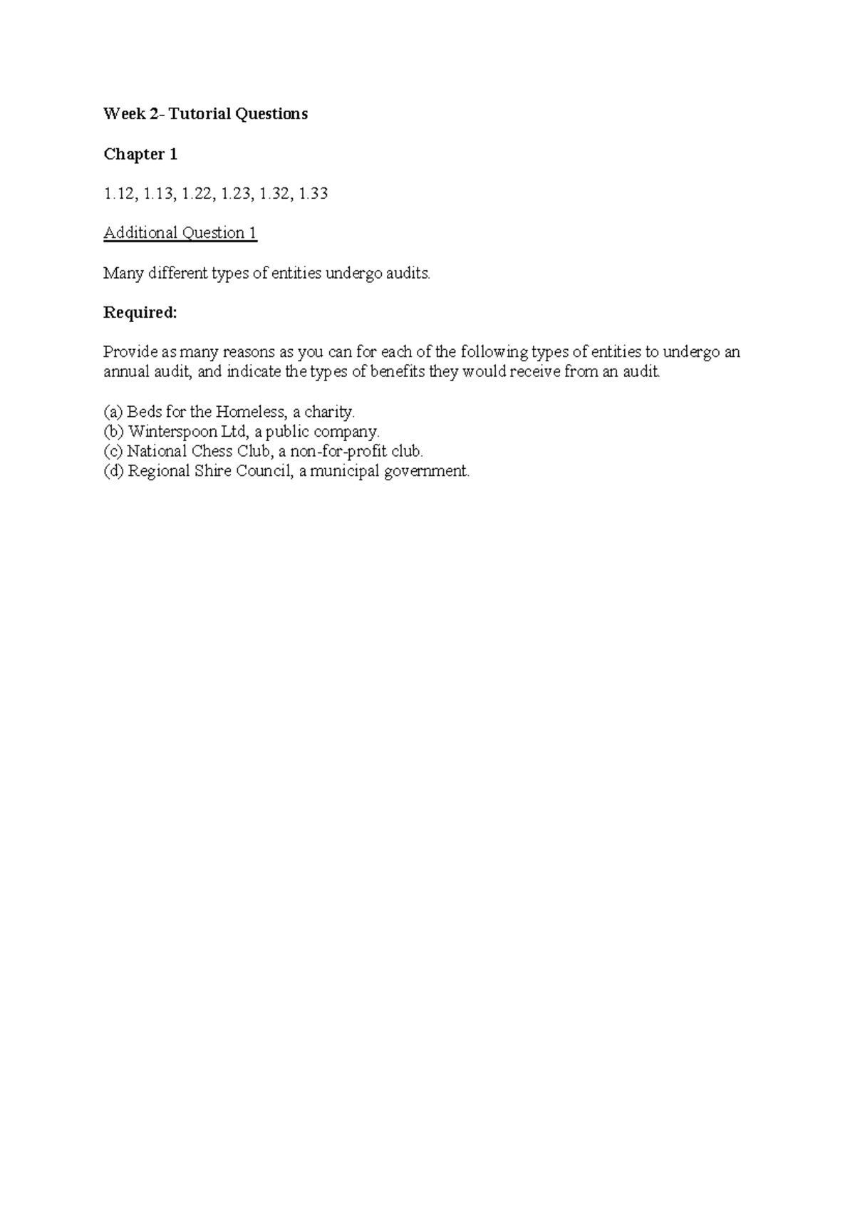 Tutorial Questions Weeks 2-7 - Chapter 1 1, 1, 1, 1, 1, 1. Additional ...