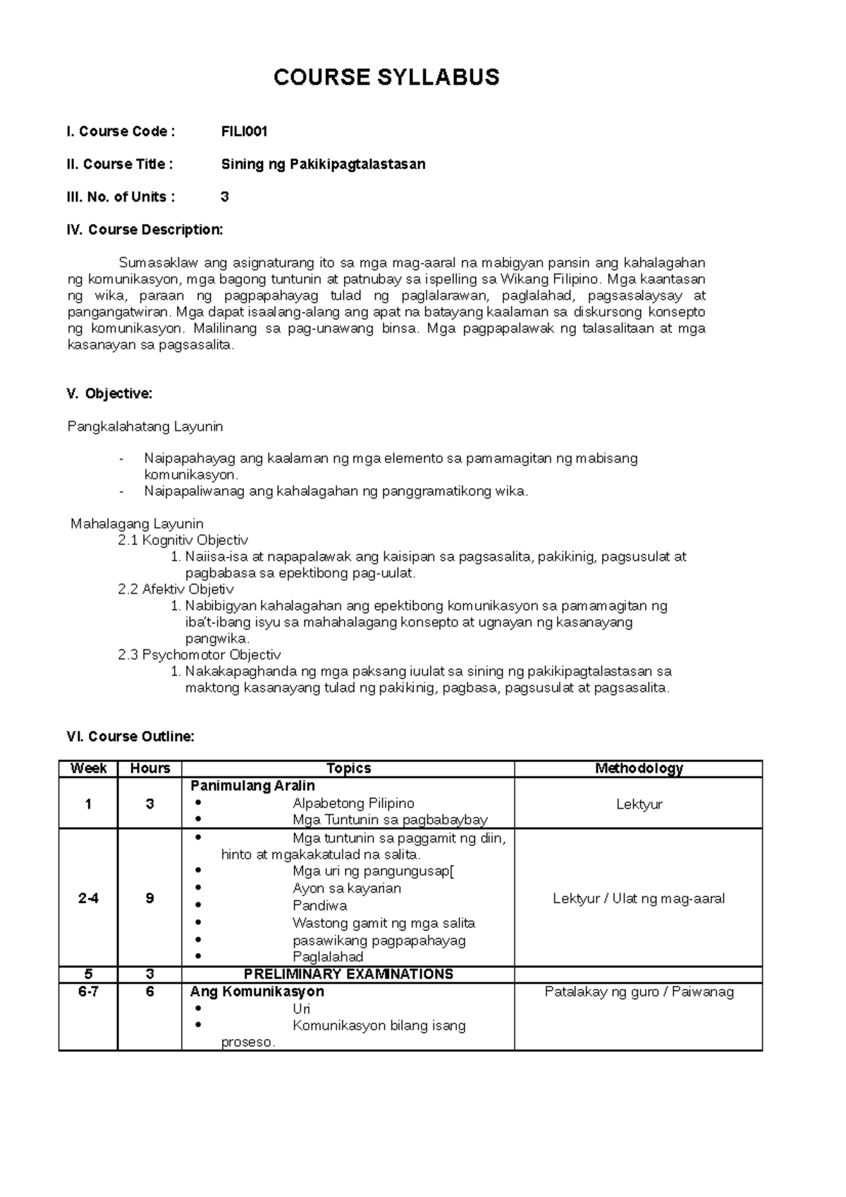 459479661 FILI001 Sining NG Pakikipagtalastasan - COURSE SYLLABUS I ...