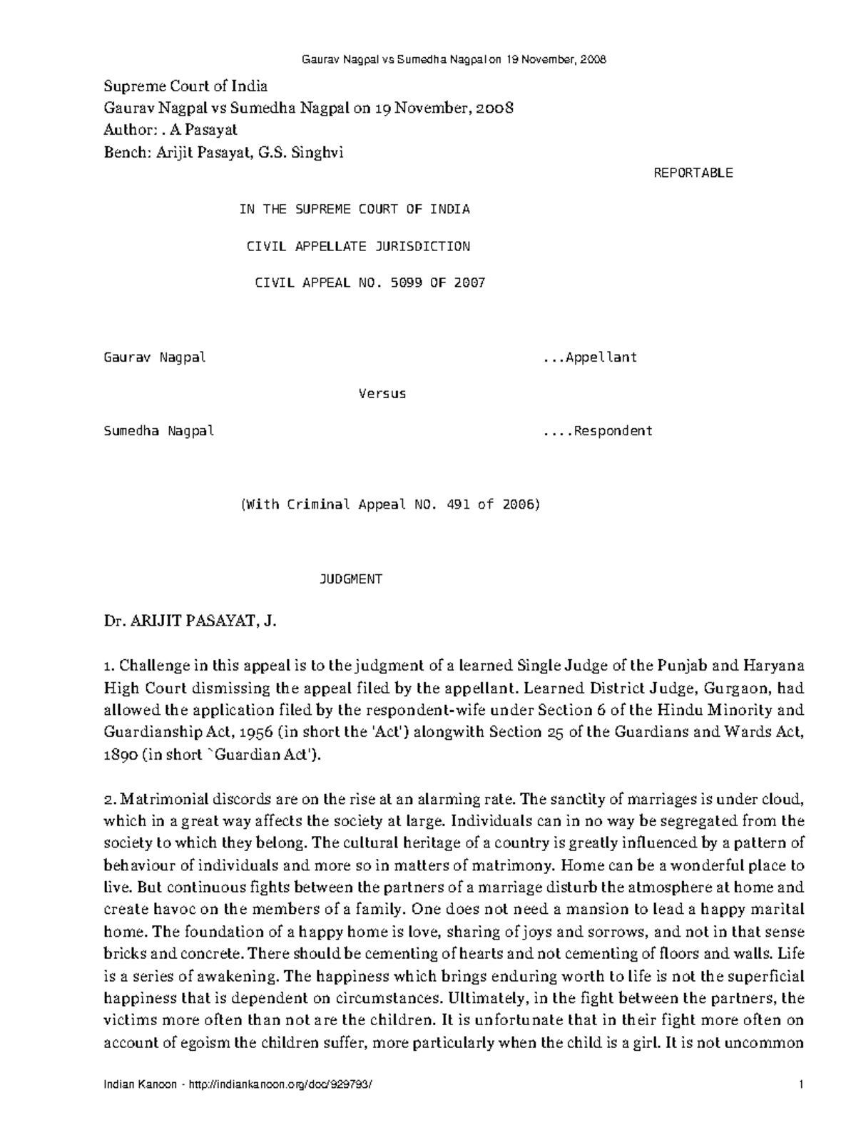 Gaurav Nagpal Vs Sumedha Nagpal On 19 November 2008 Supreme Court Of India Gaurav Nagpal Vs 