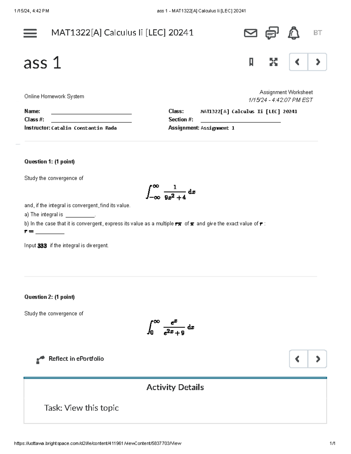 Ass 1 - MAT1322 [A] Calculus Ii [LEC] 20241 - 1/15/24, 4:42 PM ass 1 - MAT1322[A] Calculus Ii ...