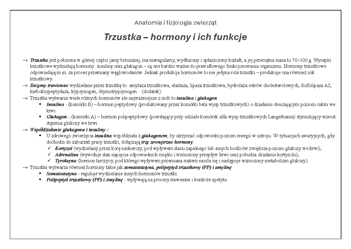 Trzustka i jej funkcje - Anatomia i fizjologia zwierząt Trzustka ...
