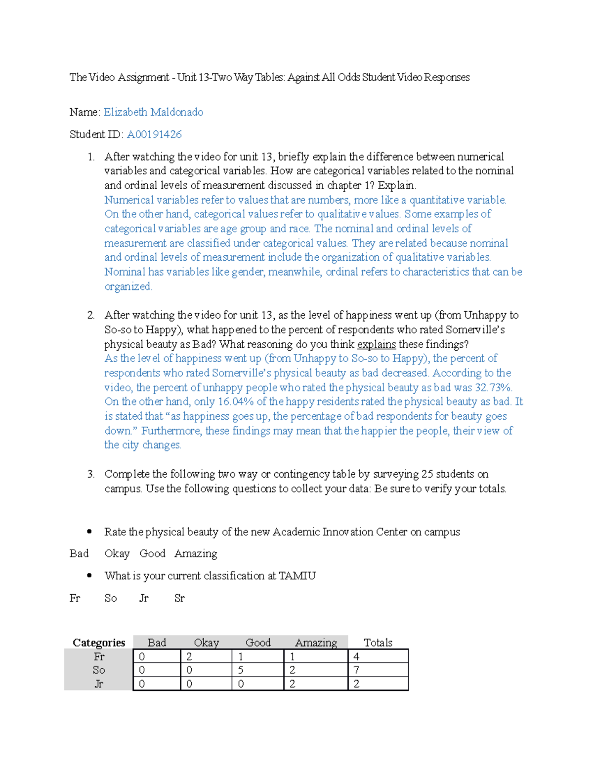 MATH-Stats Two Way Tables - The Video Assignment - Unit 13-Two Way Tables: Against All Odds ...