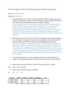 Writing Assignment Week 8 - The Video Assignment - Unit 20-Random Variables and Unit 21-Binomial ...