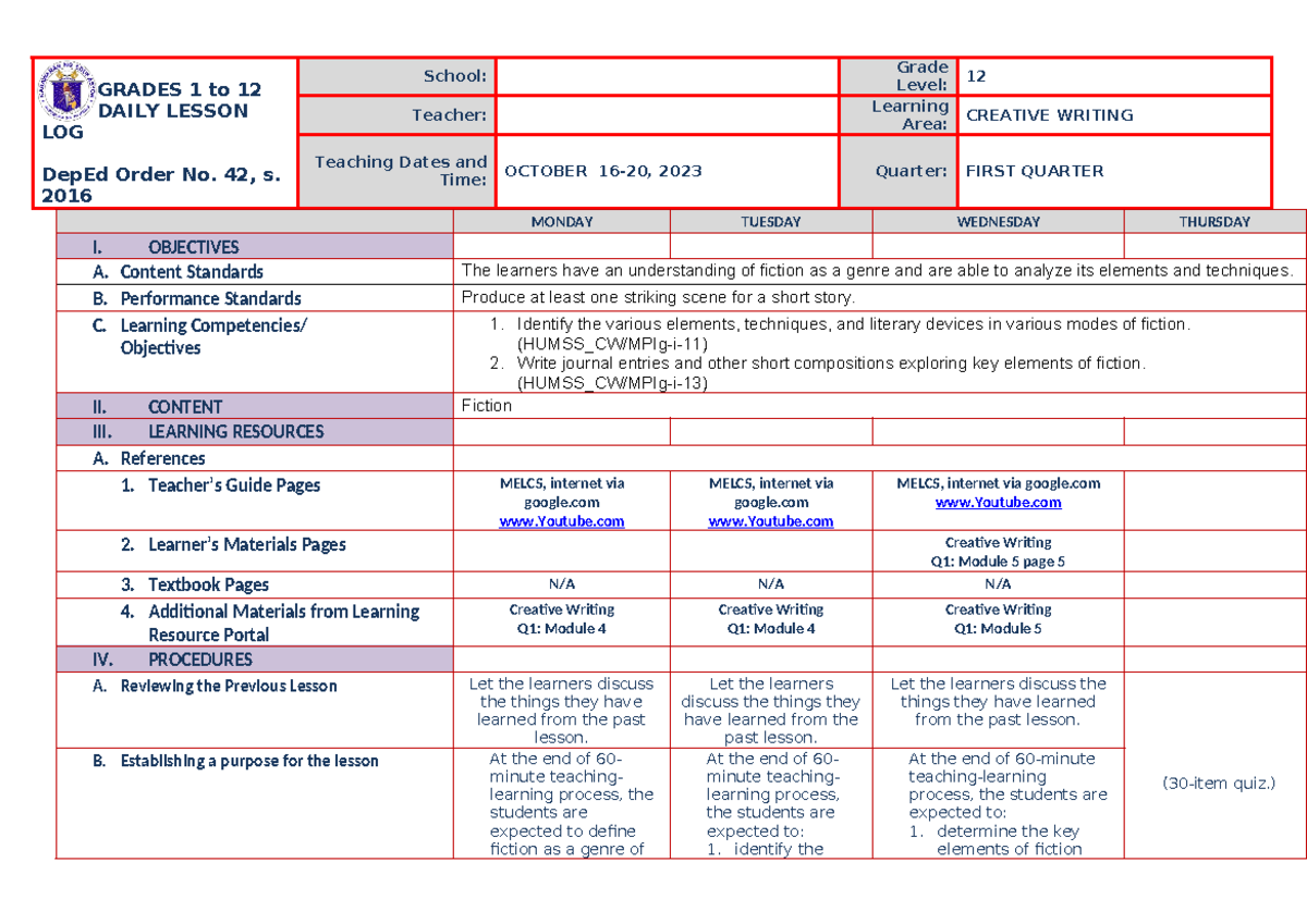 DLL CW WEEK - DLL for creative writing - GRADES 1 to 12 DAILY LESSON ...