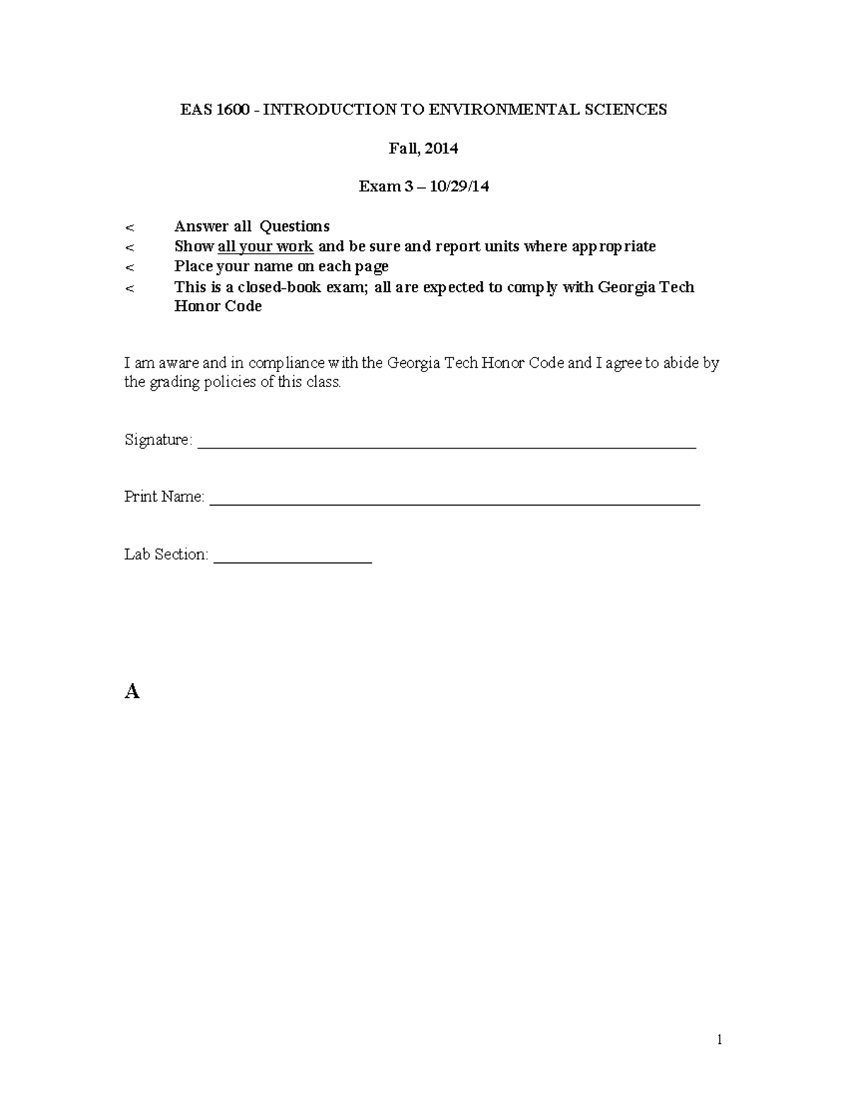 Exam 3 2014 A key - Exam Solutions - EAS 1600 - INTRODUCTION TO ...