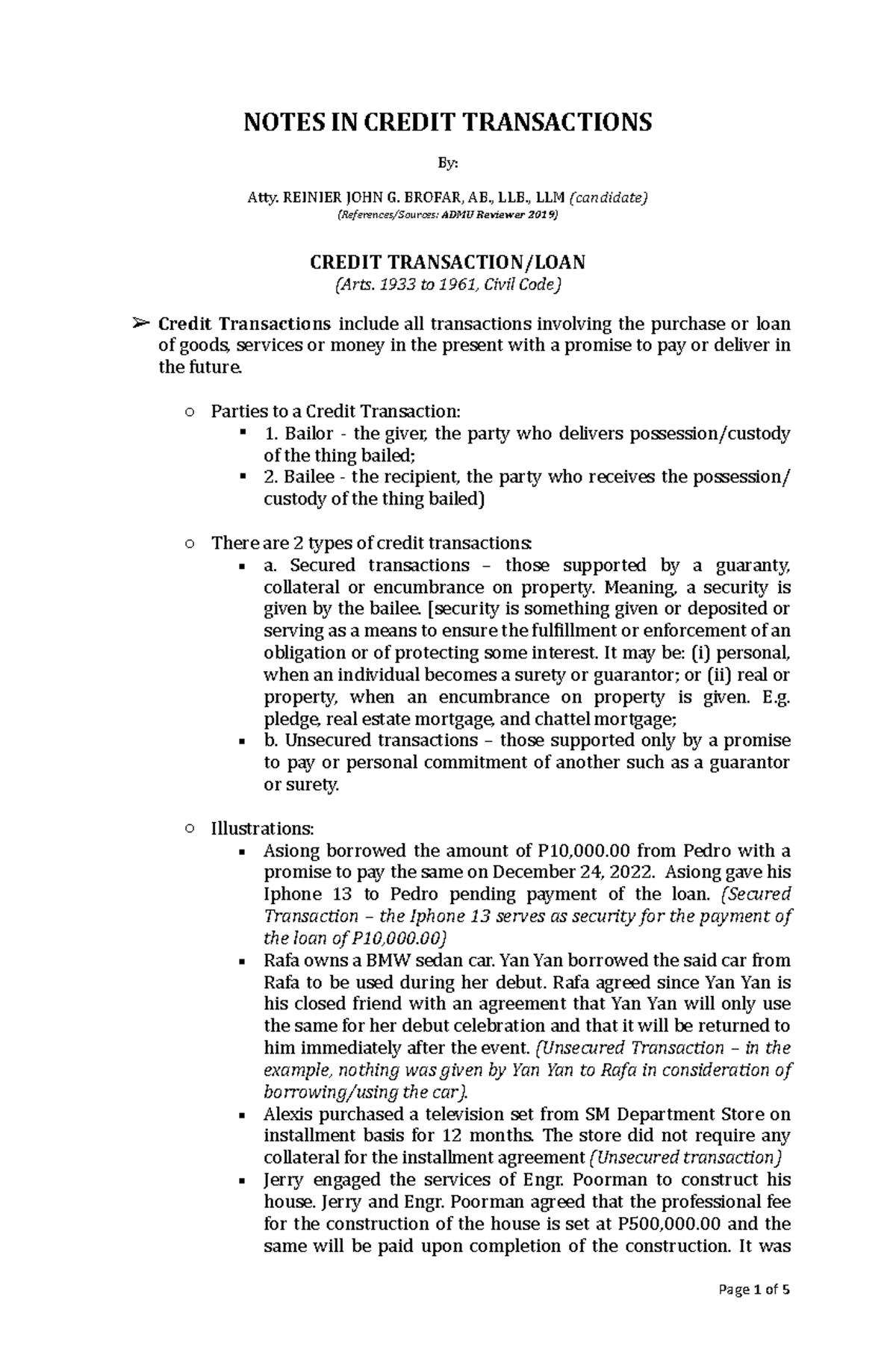 Credit Transactions CCC BLR301 2023 - NOTES IN CREDIT TRANSACTIONS By ...
