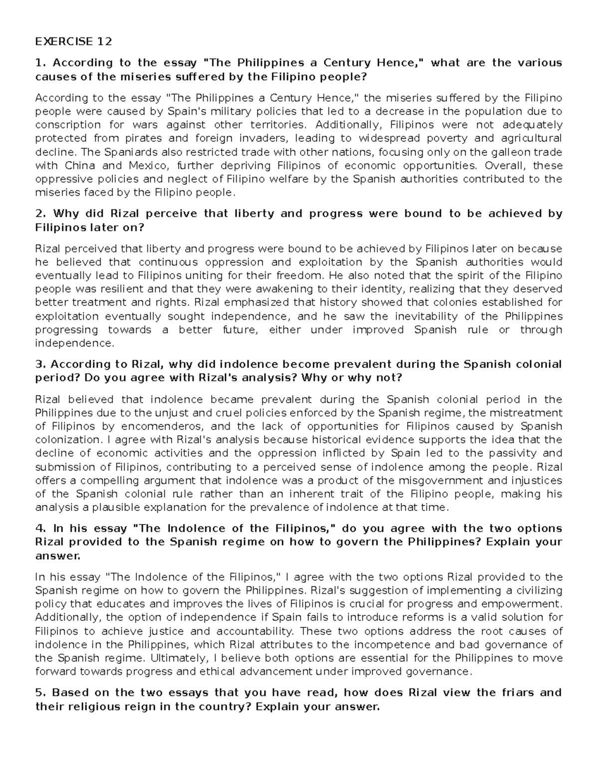 1 - lectures - EXERCISE 12 According to the essay "The Philippines a Century Hence," what - Studocu