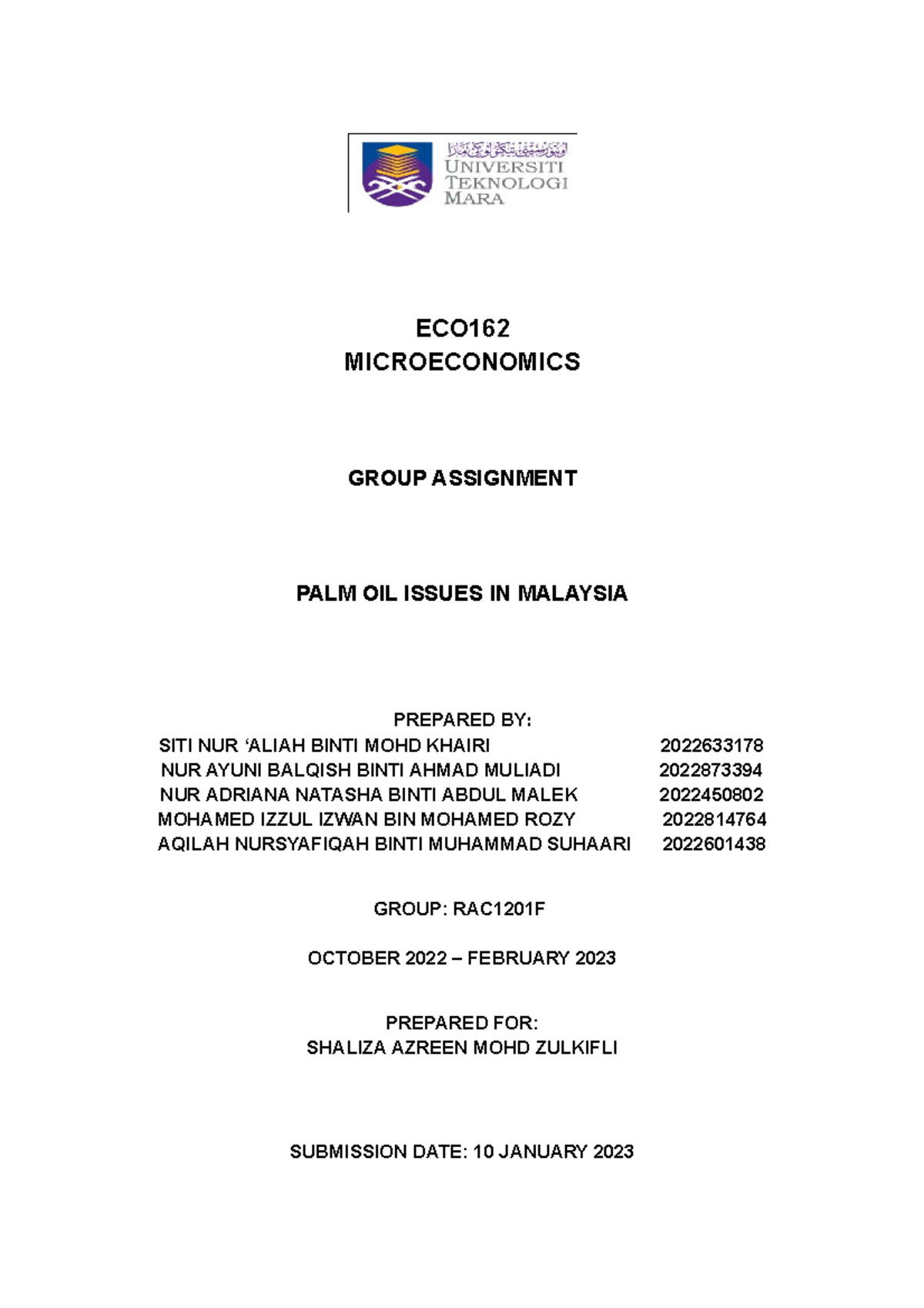 ECO162 Report Content AND Format - ECO MICROECONOMICS GROUP ASSIGNMENT ...