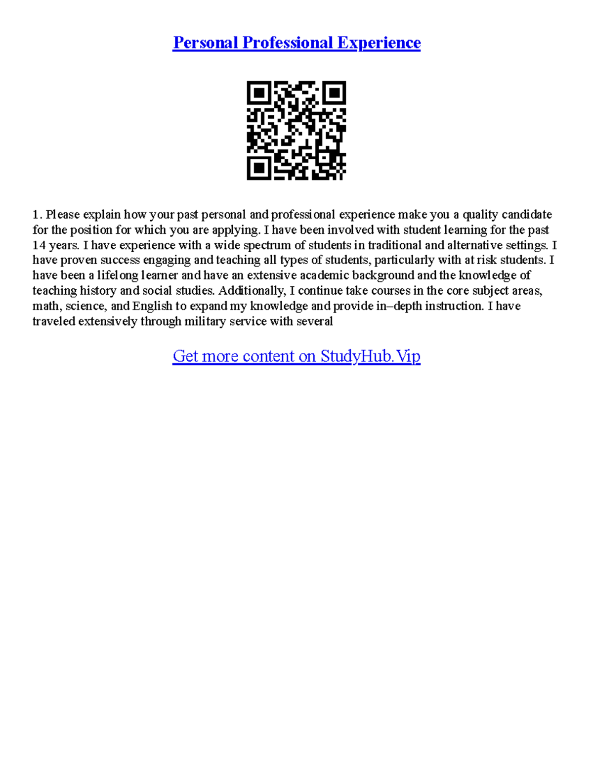 Personal Experience Essays - Personal Professional Experience Please ...