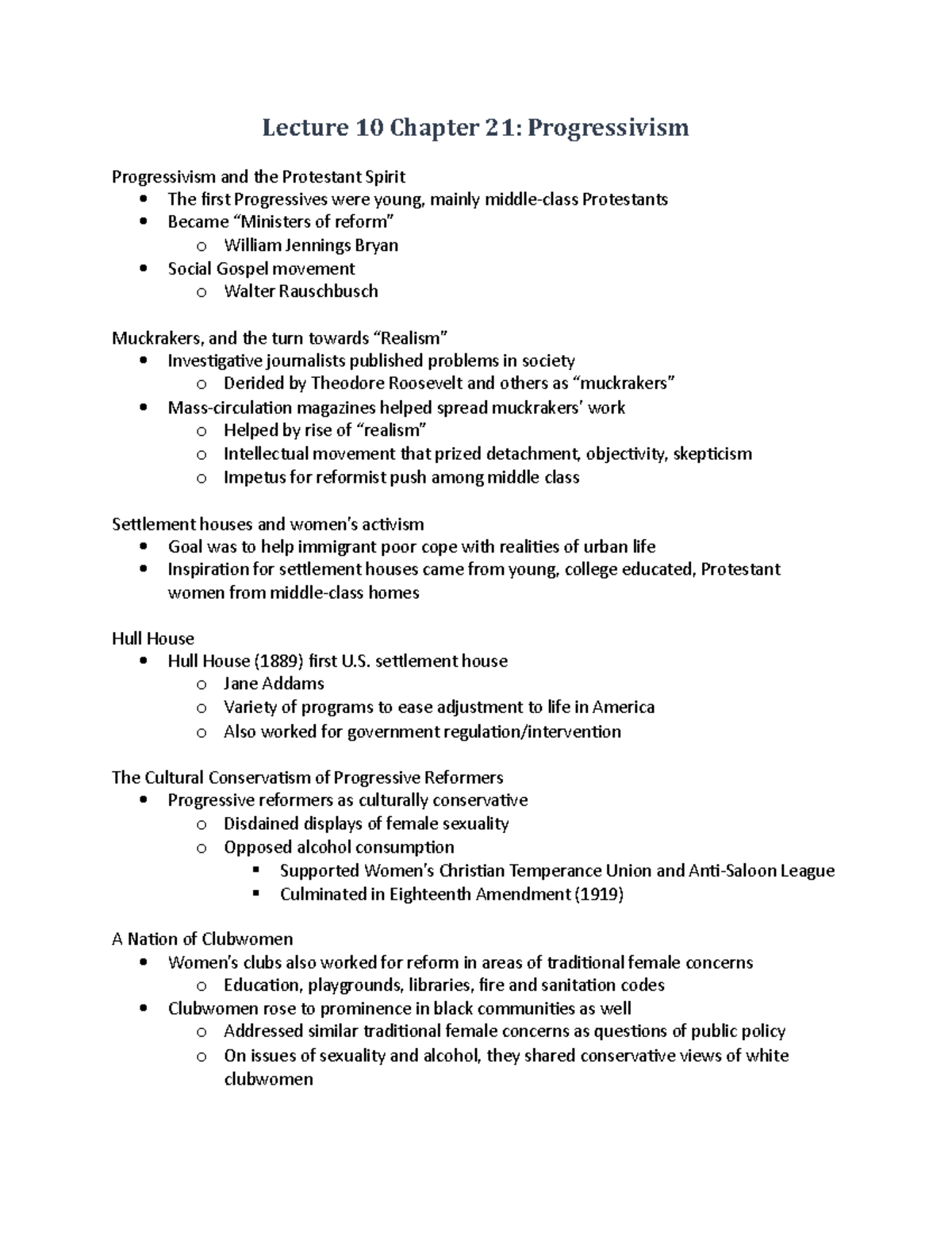 HIST 180 Lecture 10 - Lecture 10 Chapter 21: Progressivism ...