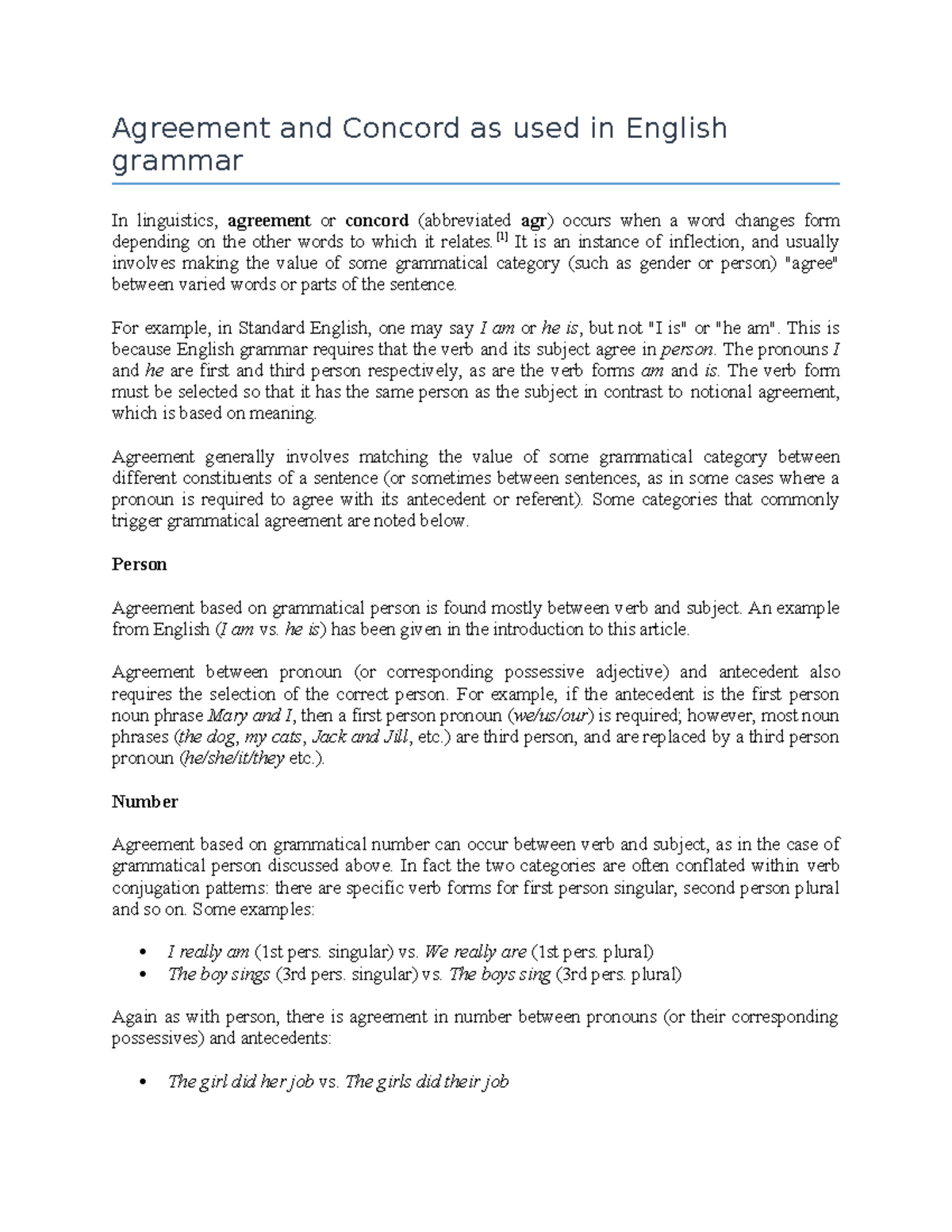 Agreement Concord - Lecture notes for grammar prepared for extensive ...