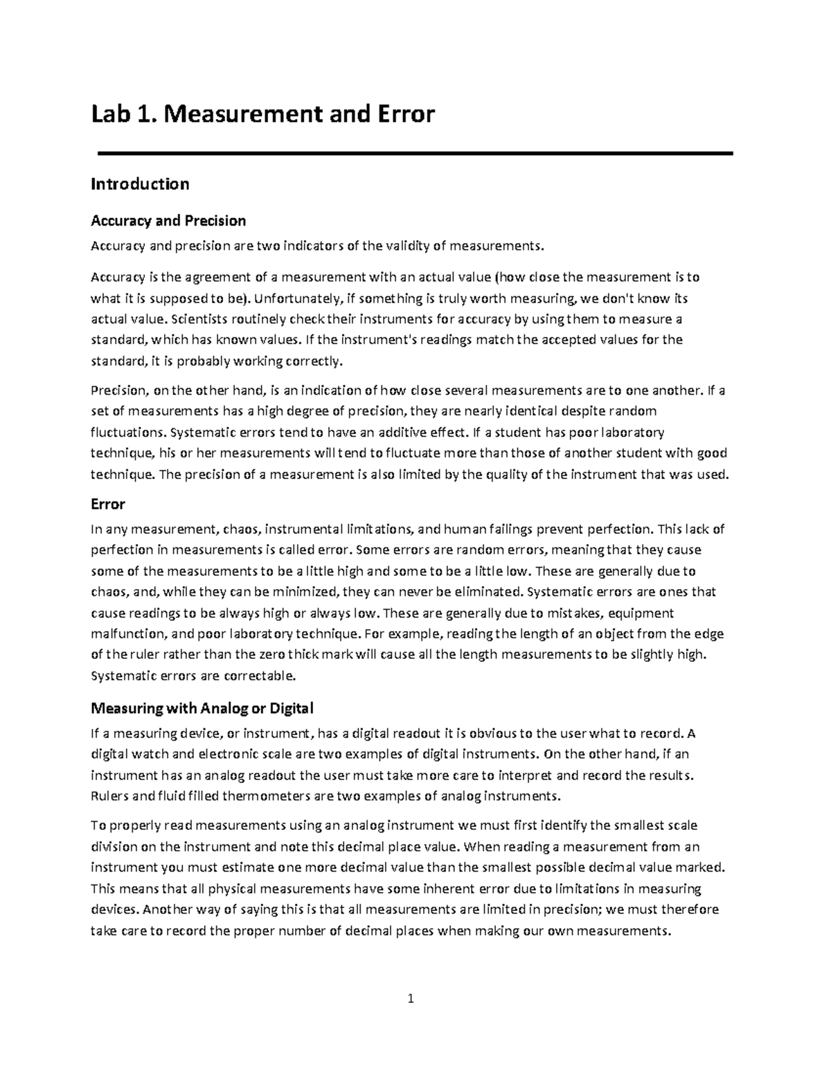 Lab 1 Measurement and Error - Lab 1. Measurement and Error Introduction Accuracy and Precision ...