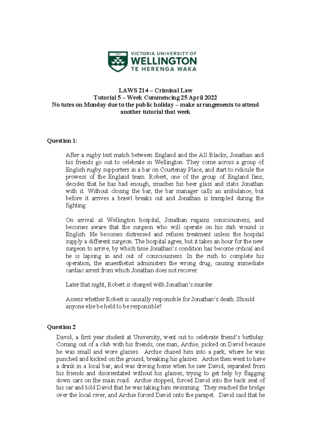 Criminal Law Tutorial 5 2022 - LAWS 214 – Criminal Law Tutorial 5 – Week Commencing 25 April ...