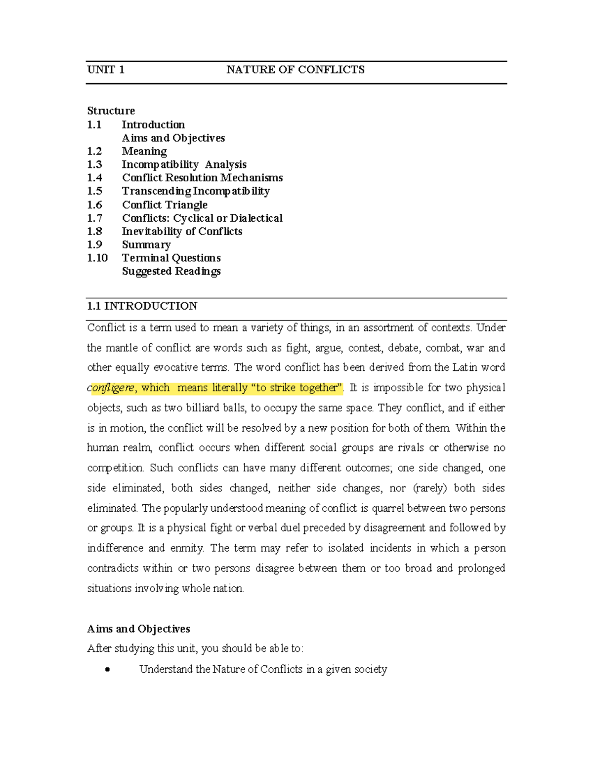 Unit-1 Nature of Conflicts - UNIT 1 NATURE OF CONFLICTS Structure 1 ...
