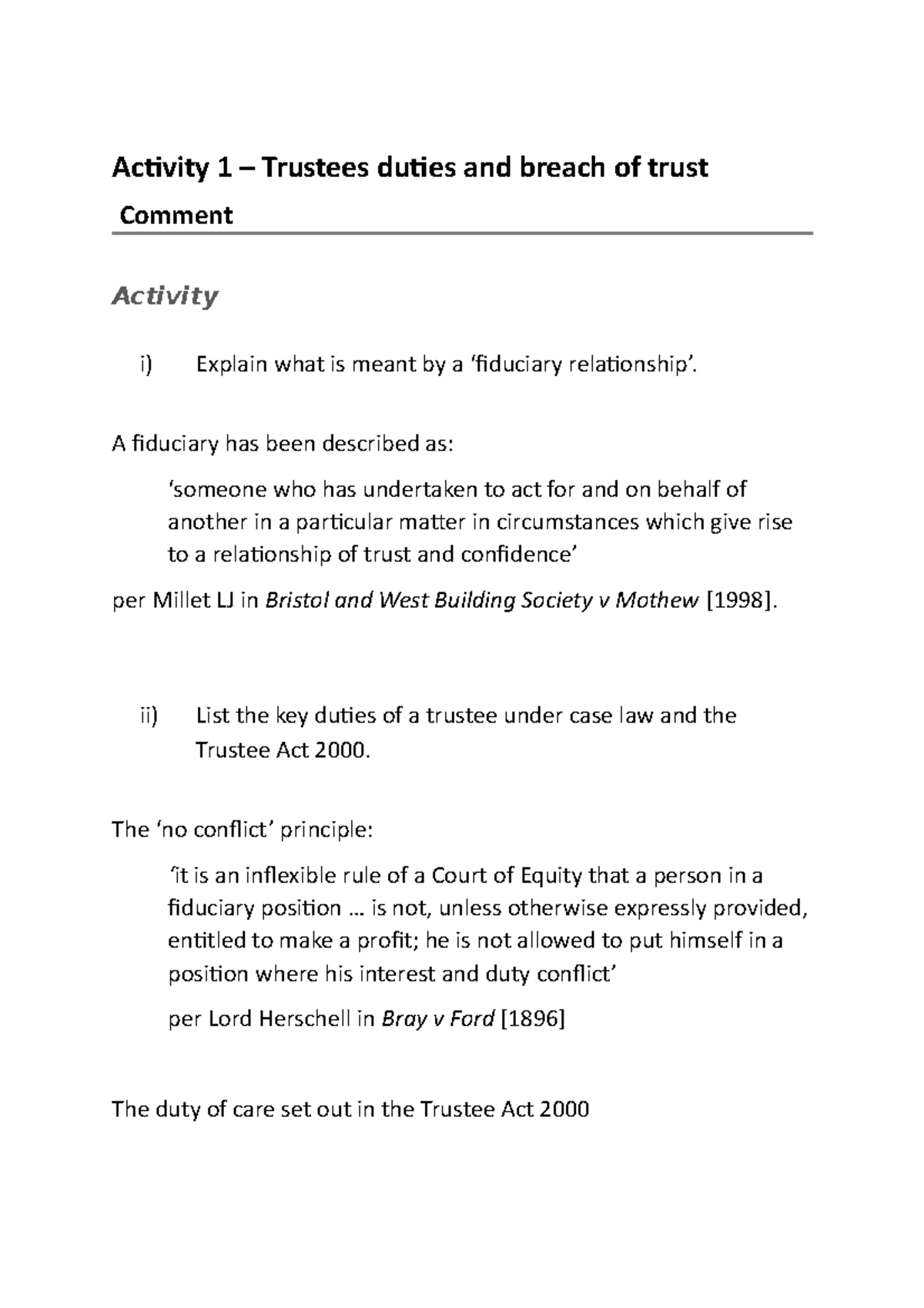 Equity activities - Activity answers (1) Trustee duties and breach of ...
