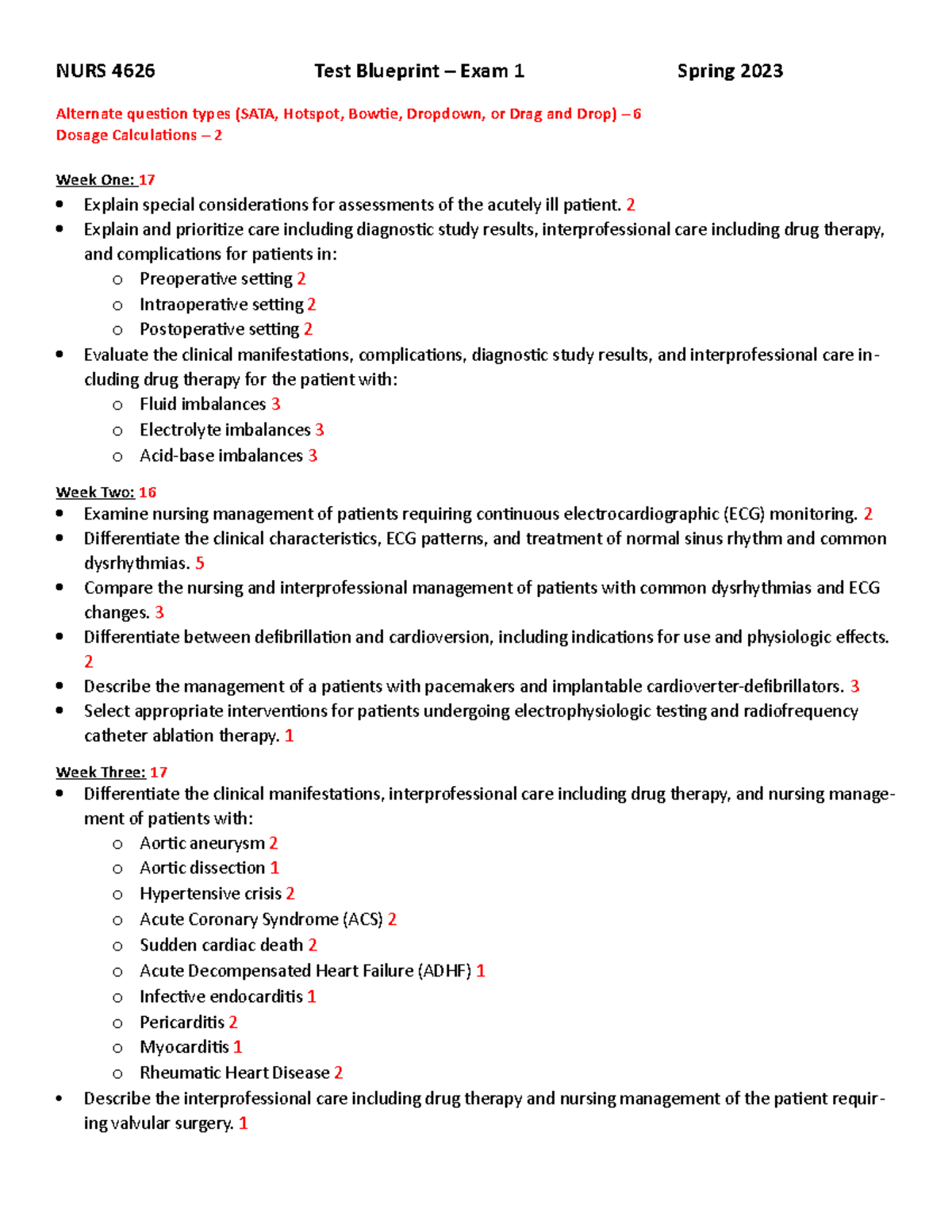 Blueprint Exam1 Sp 23 - NURS 4626 Test Blueprint – Exam 1 Spring 2023 ...