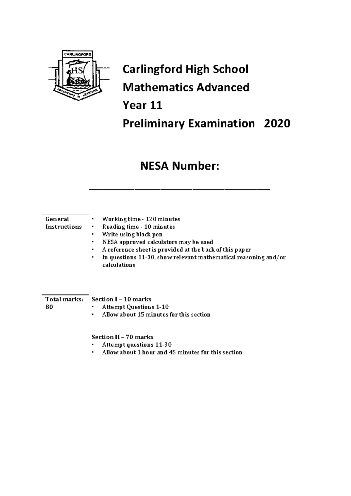 11MA Preliminary Exam 2020 - Carlingford High School Mathematics ...
