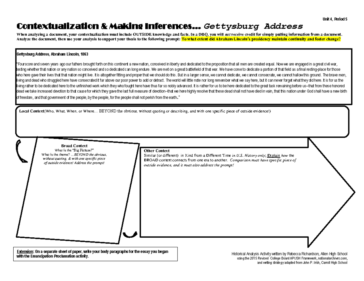 Contextualization and Making Inferences- The Gettysburg Address - Unit ...