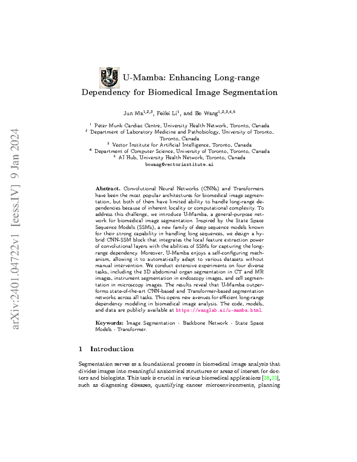 2024 U Mamba - U-Mamba: Enhancing Long-range Dependency for Biomedical Image Segmentation Jun Ma ...