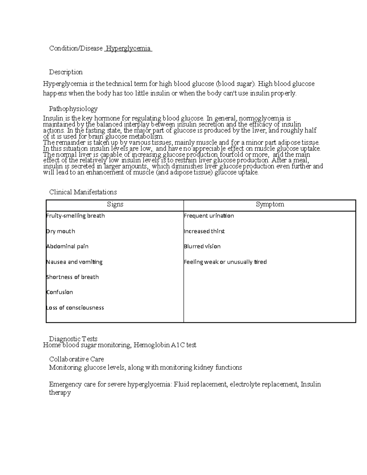 Clinical Prep Card hyperglycemia - Condition/Disease Hyperglycemia ...