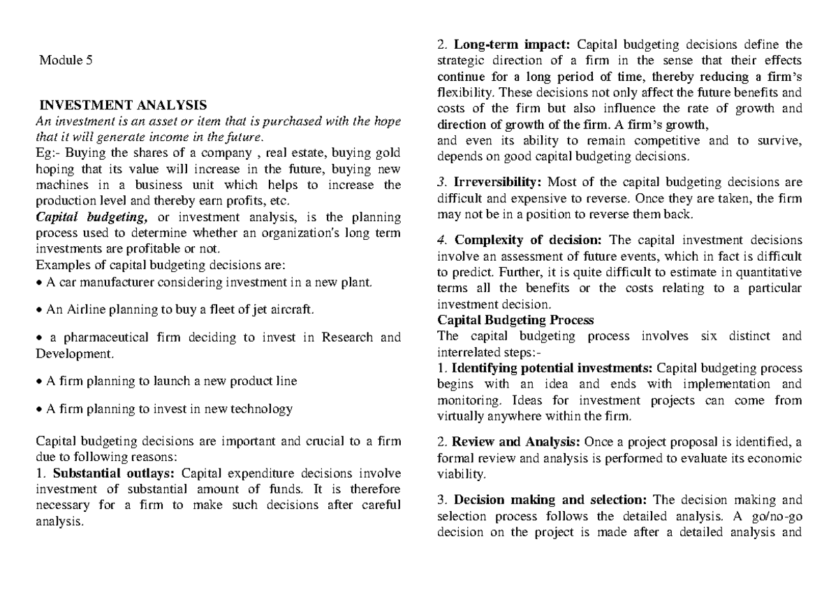 Short BE M5 - Module 5 INVESTMENT ANALYSIS An investment is an asset or item that is purchased ...