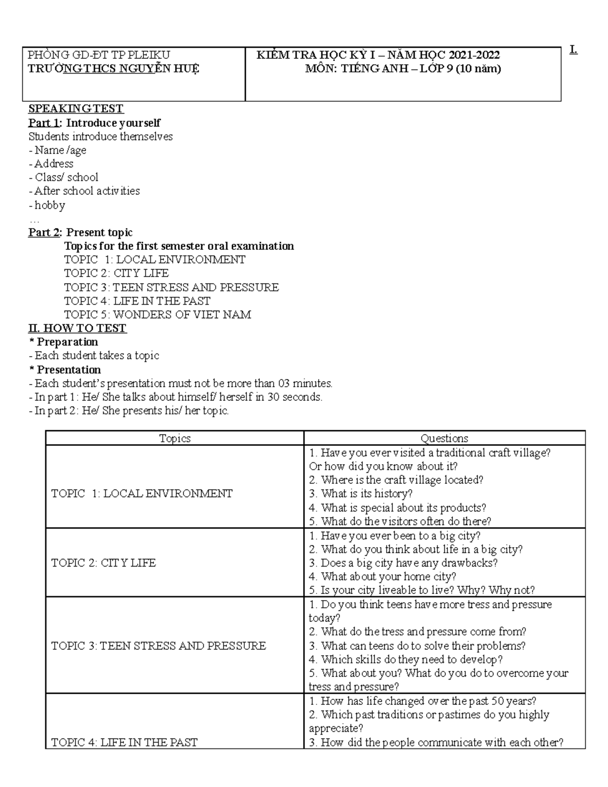 Topic Speaking NEW English 9 - I. SPEAKING TEST Part 1: Introduce ...