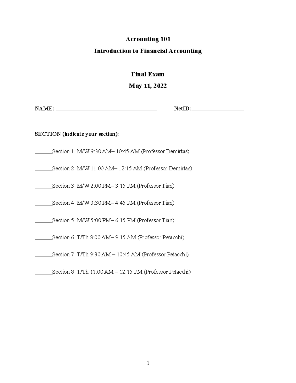 1.1 Practice final - 2022 - Accounting 101 Introduction to Financial ...